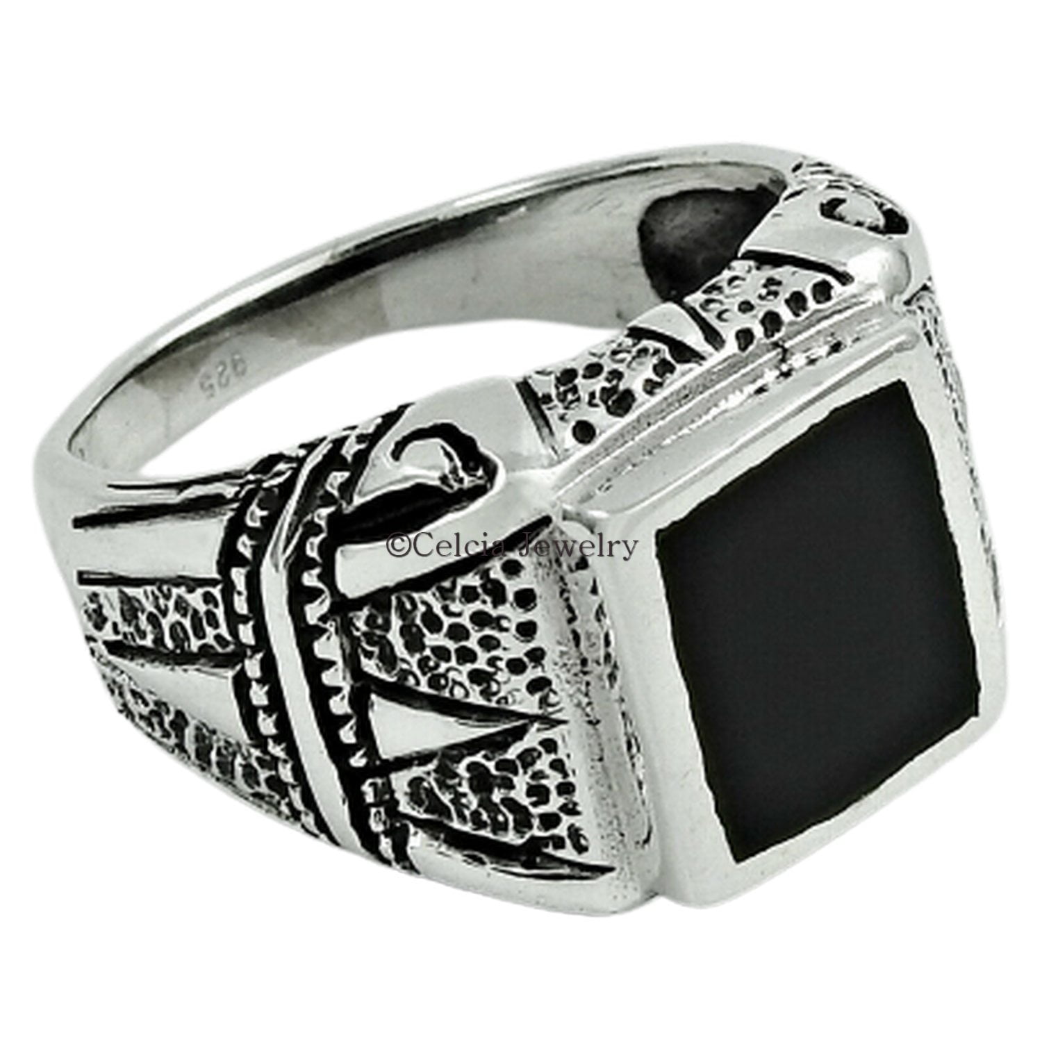 Natural Black Onyx Gemstone Ring, Genuine 925 Sterling Silver, Mens Signet Ring, Arabic Promise ...