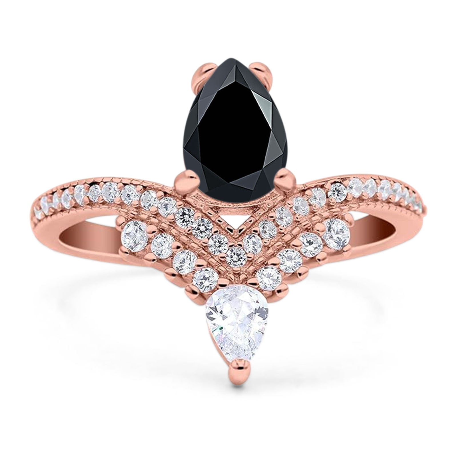 Natural Black Onyx Rose Tone Silver Size-5 Art Deco Pear Teardrop Crown ...