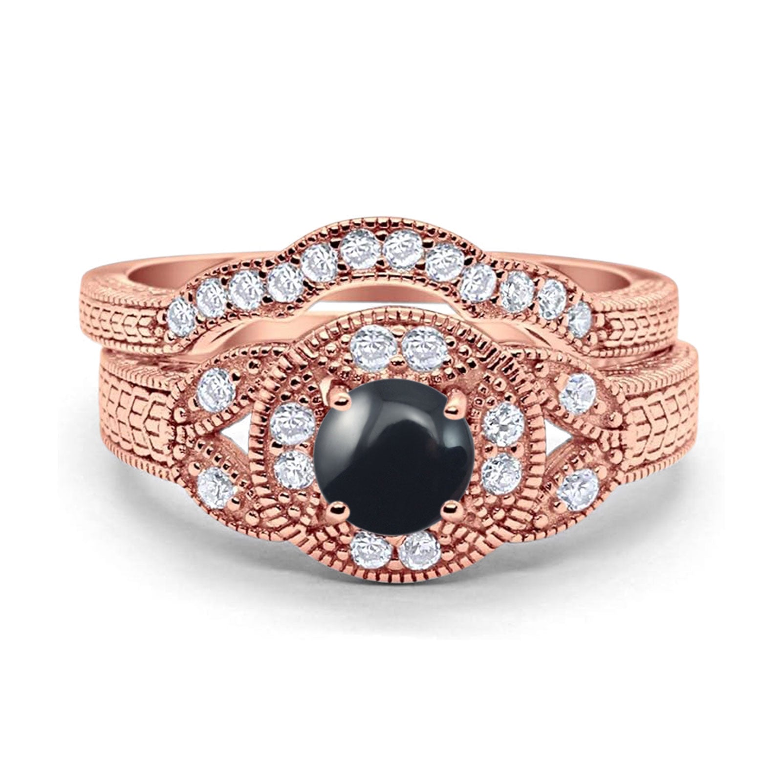 Natural Black Onyx Rose Tone Silver Size-7 Two Piece Art Deco Round ...