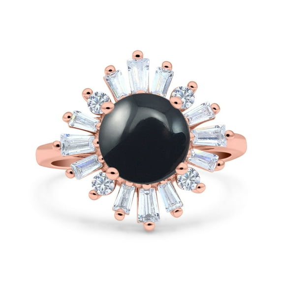 Natural Black Onyx Rose Tone Silver Size-9 Art Deco Round Cocktail Ring ...