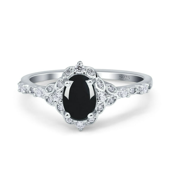 Natural Black Onyx Size-9 Art Deco Oval Halo CZ Marquise Style Wedding ...