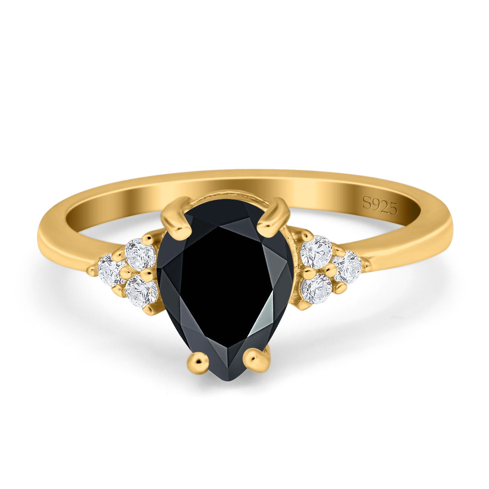 Natural Black Onyx Yellow Tone Silver Size-5 Art Deco Pear Teardrop ...