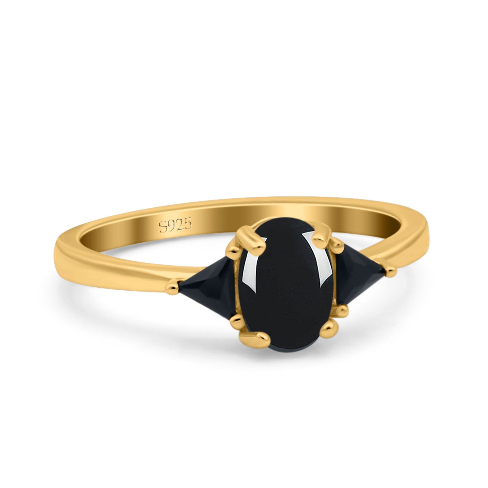 Natural Black Onyx Yellow Tone Silver Size-5 Art Deco Three Stone Oval ...