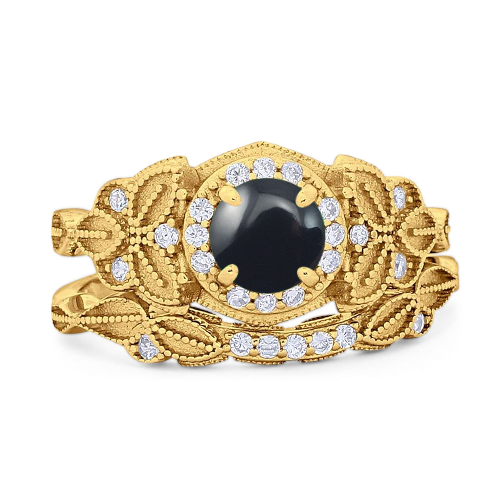 Natural Black Onyx Yellow Tone Silver Size-6 Art Deco Two Piece Round ...