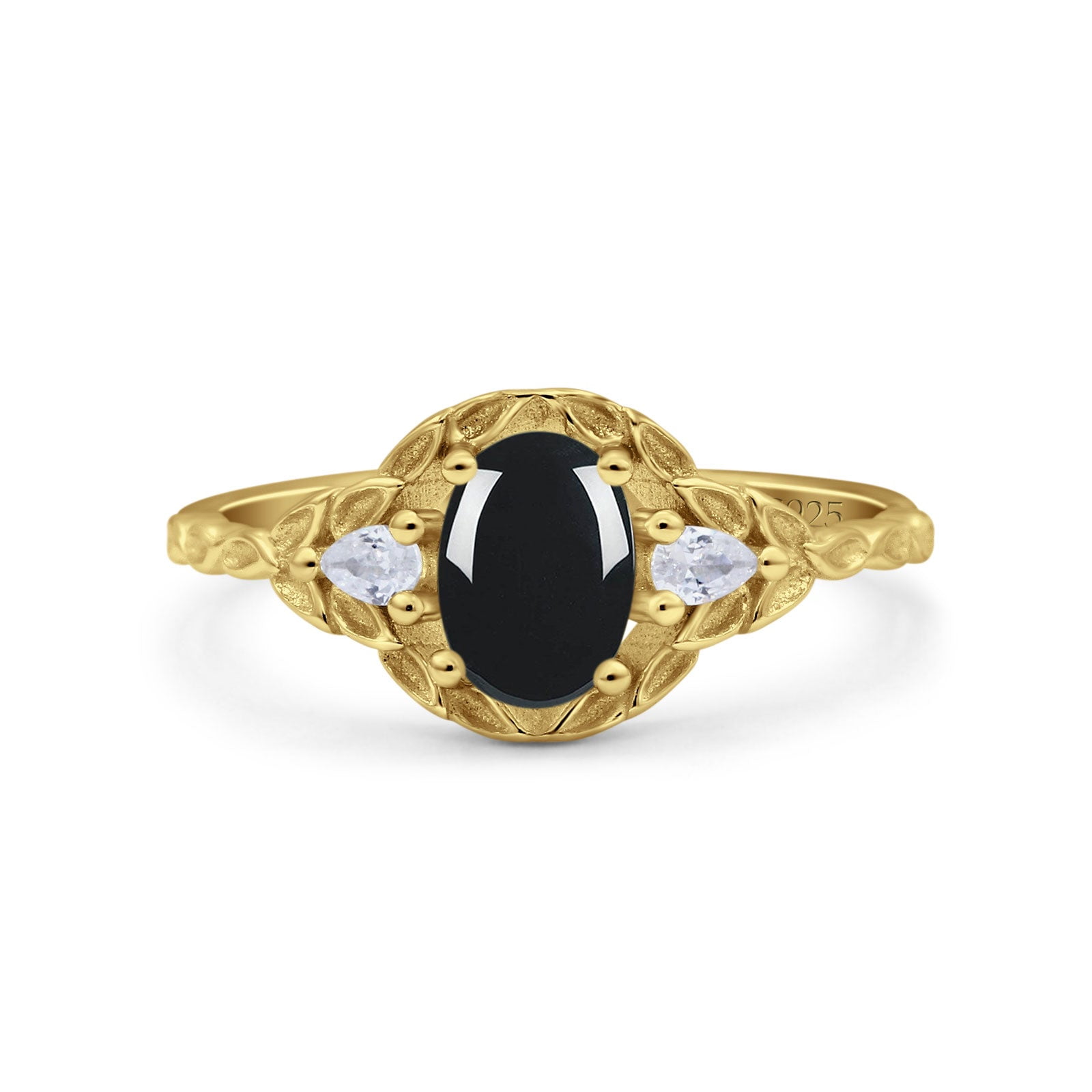Natural Black Onyx Yellow Tone Silver Size-7 Art Deco Oval Vintage Leaf ...