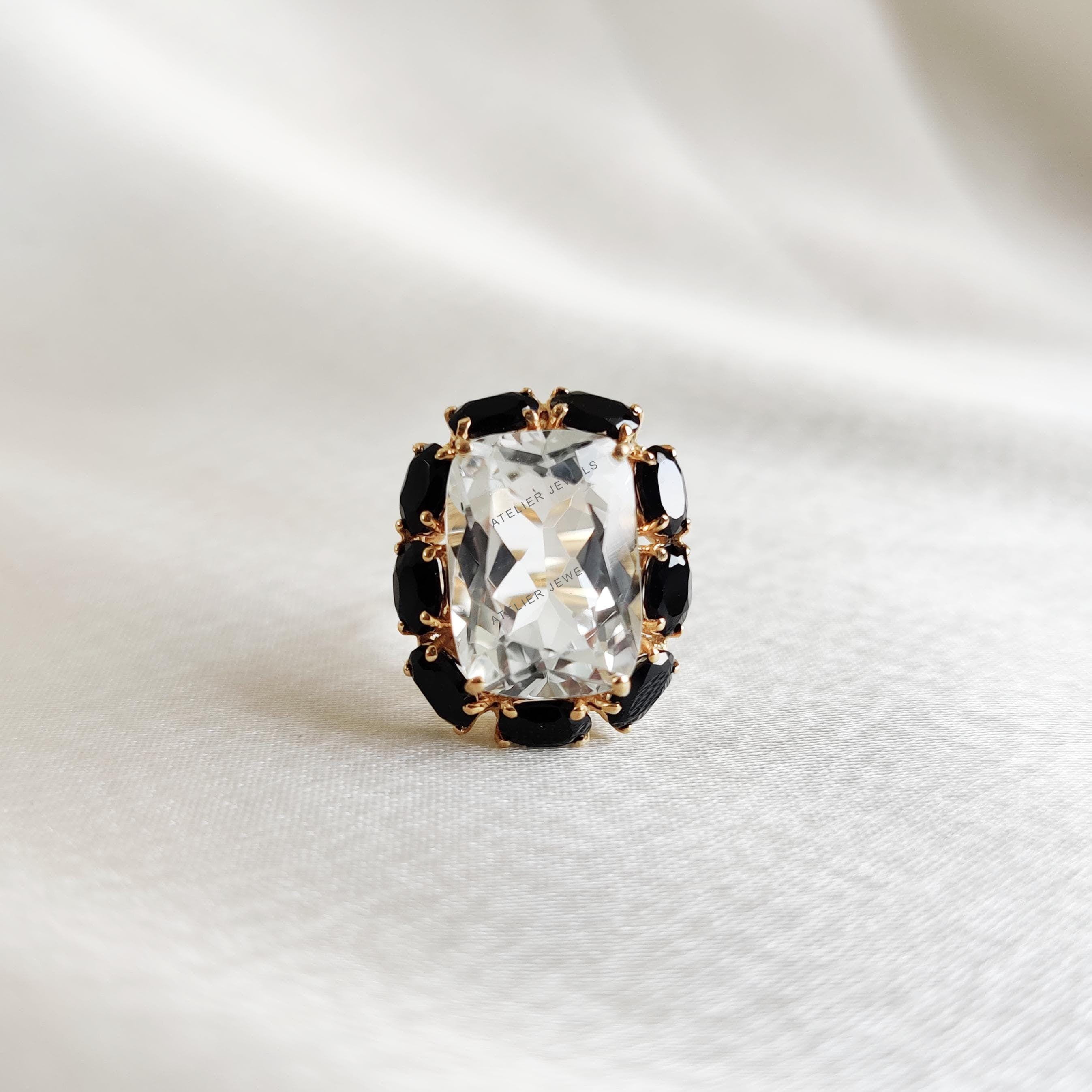 Natural Black Spinel & White Topaz Ring, 14K Solid Yellow Gold Ring ...