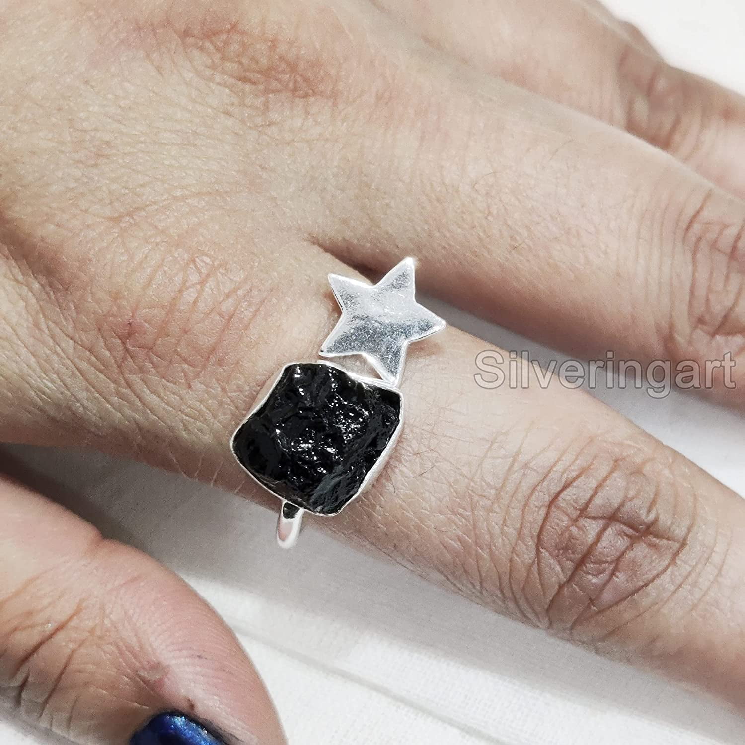 Natural Black Tourmaline Ring, Rough Tourmaline Adjustable Star Ring ...
