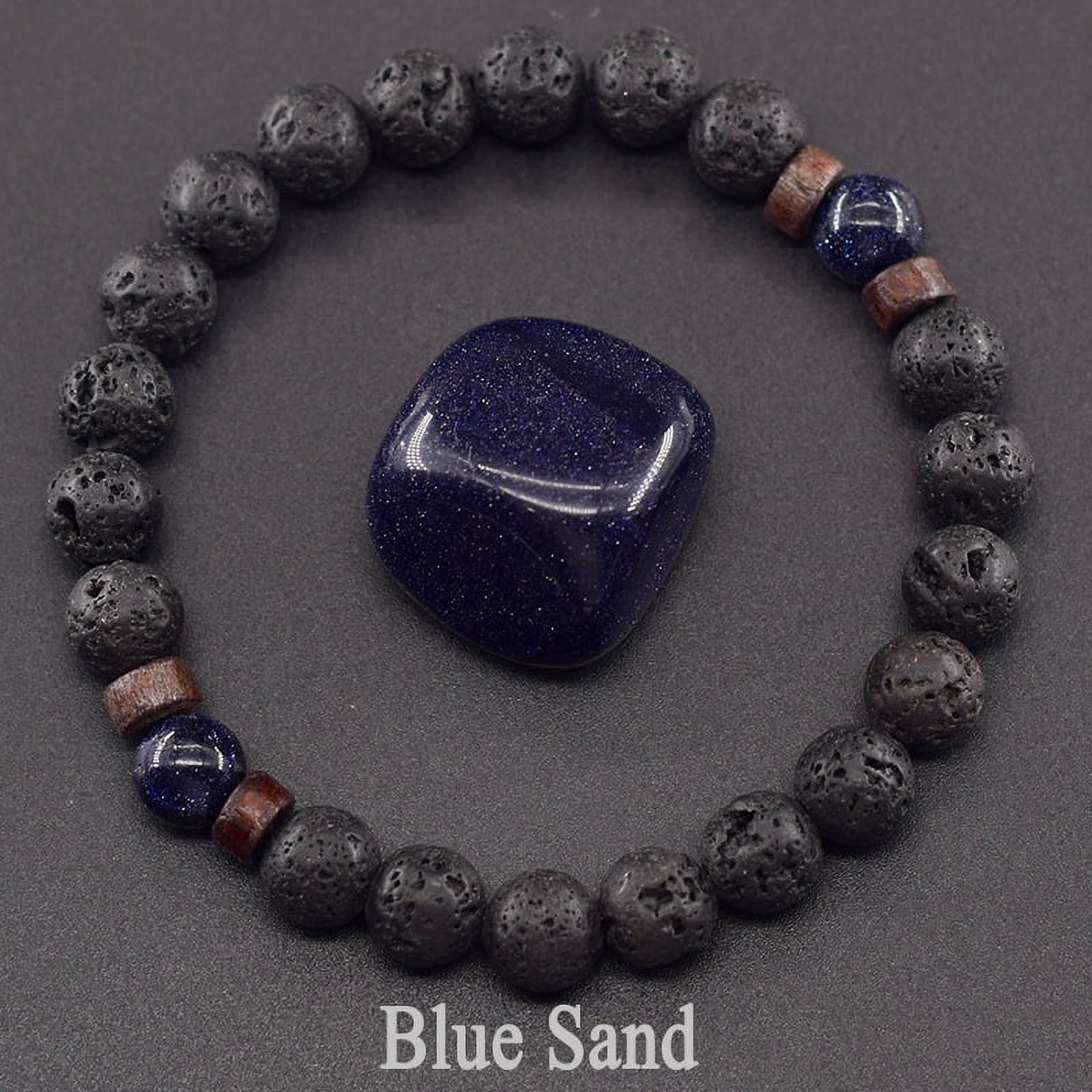 Natural Blue Sandstone Round Beads Bracelet Men Women Vintage Volcanic ...
