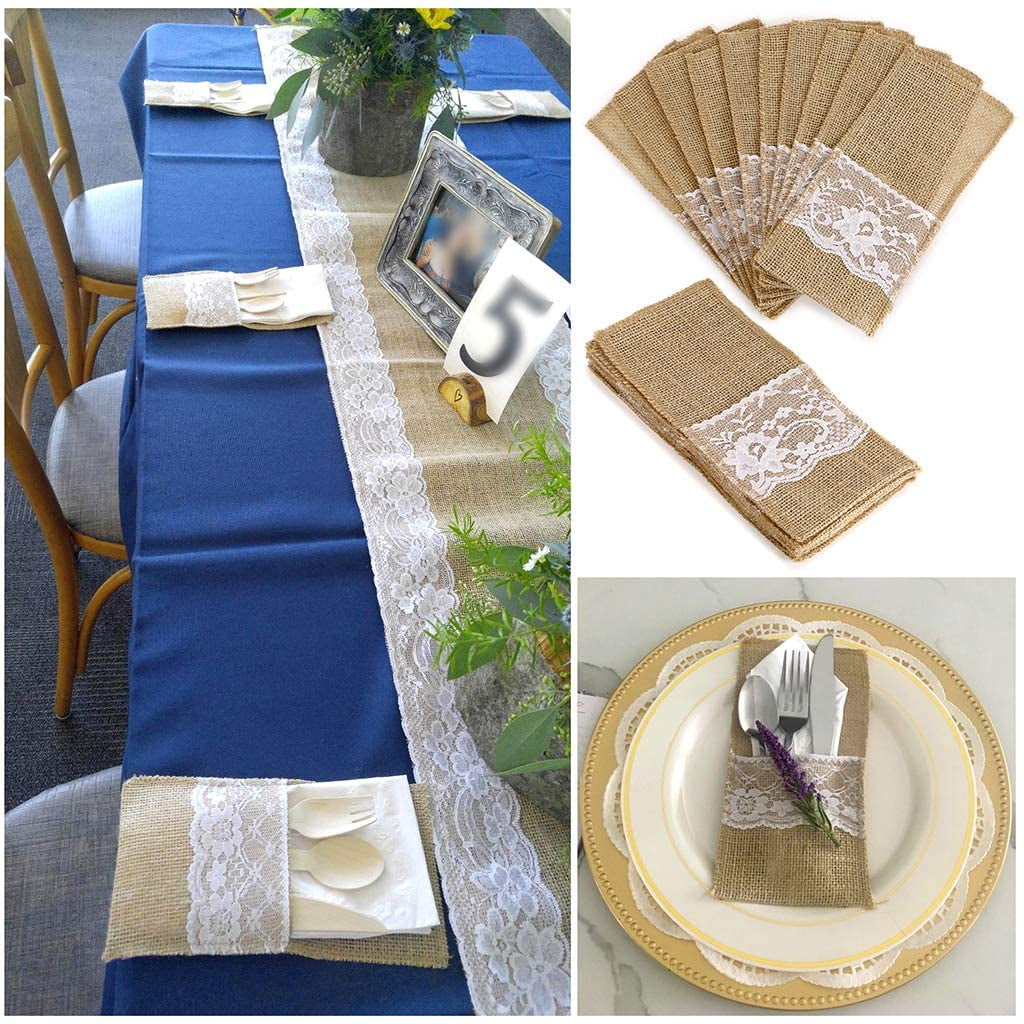 Natural Burlap Tableware Utensil Holders Burlap Lace Silverware Holder ...