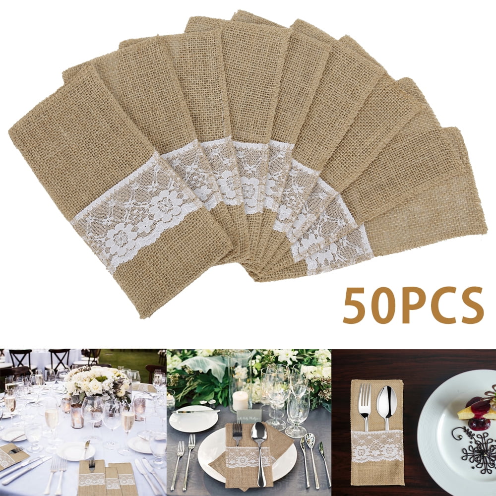 Natural Burlap Tableware Utensil Holders Lace Silverware Holder Bag ...