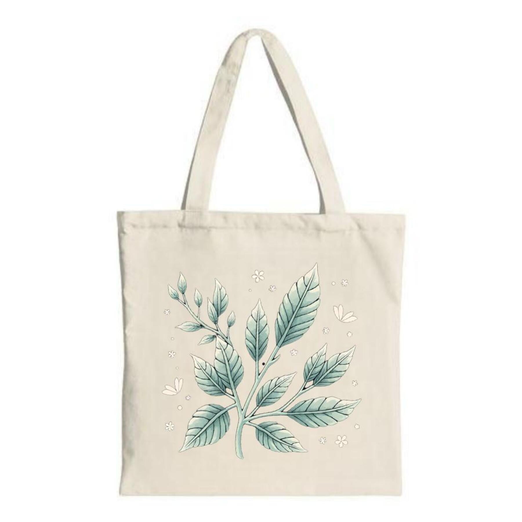 Natural Canvas Tote Bag with Green and White Flower Design on Light ...
