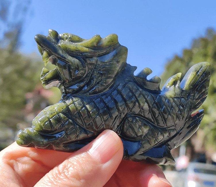 Natural Carved Green Jade Dragon Fengshui Figure Statue Sculpture ...