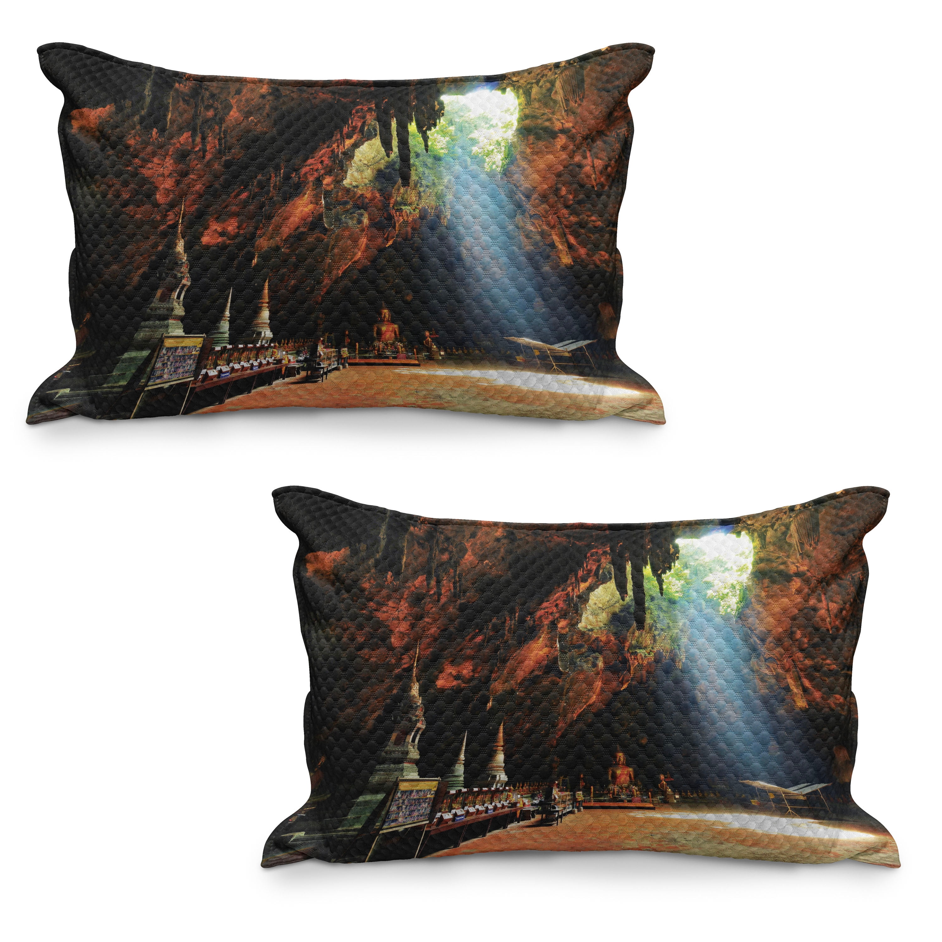 Natural Cave Quilted Pillowcover Set of 2, Sunbeam in Cave Building ...