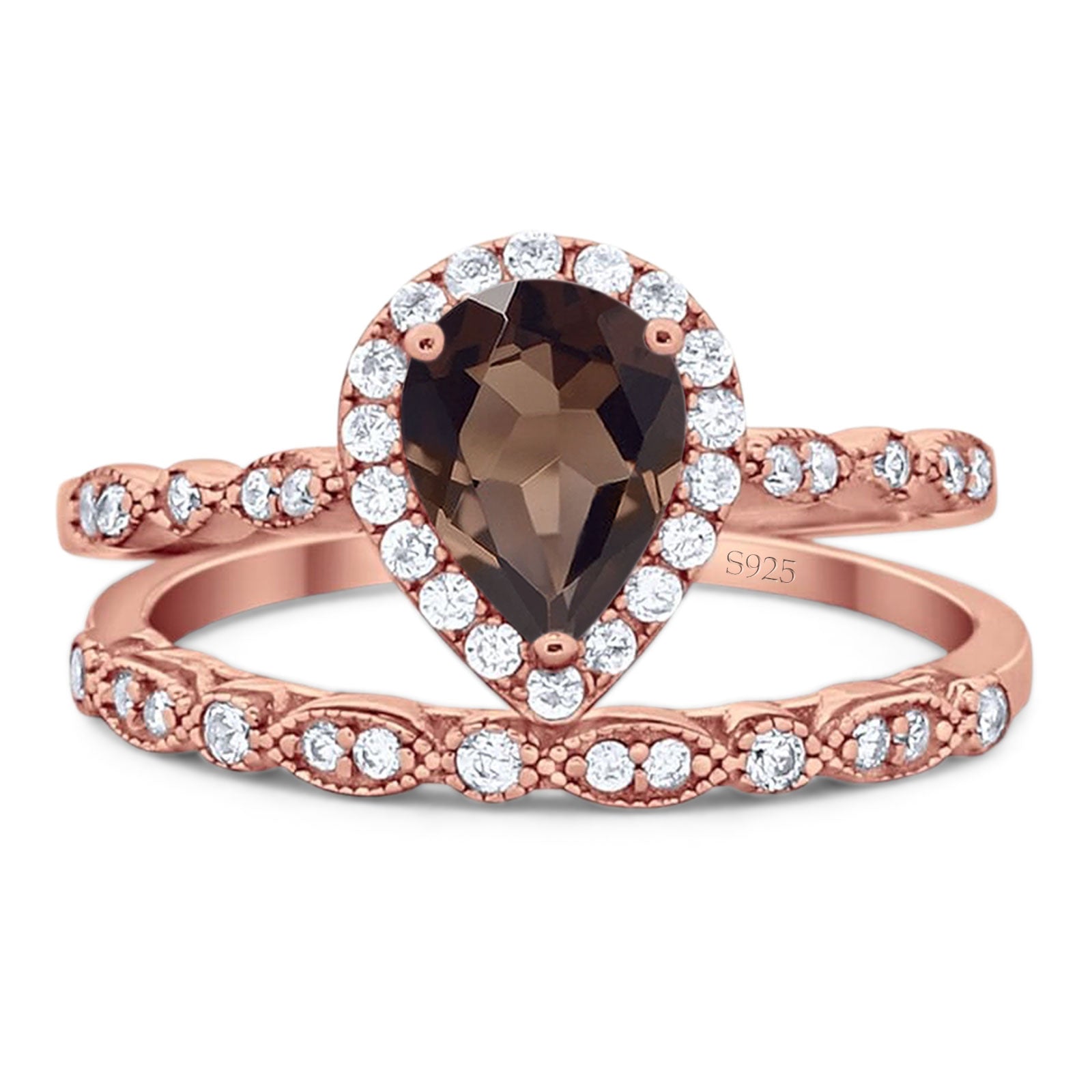 Natural Chocolate Smoky Quartz Rose Tone Silver Size-9 Art Deco Two ...