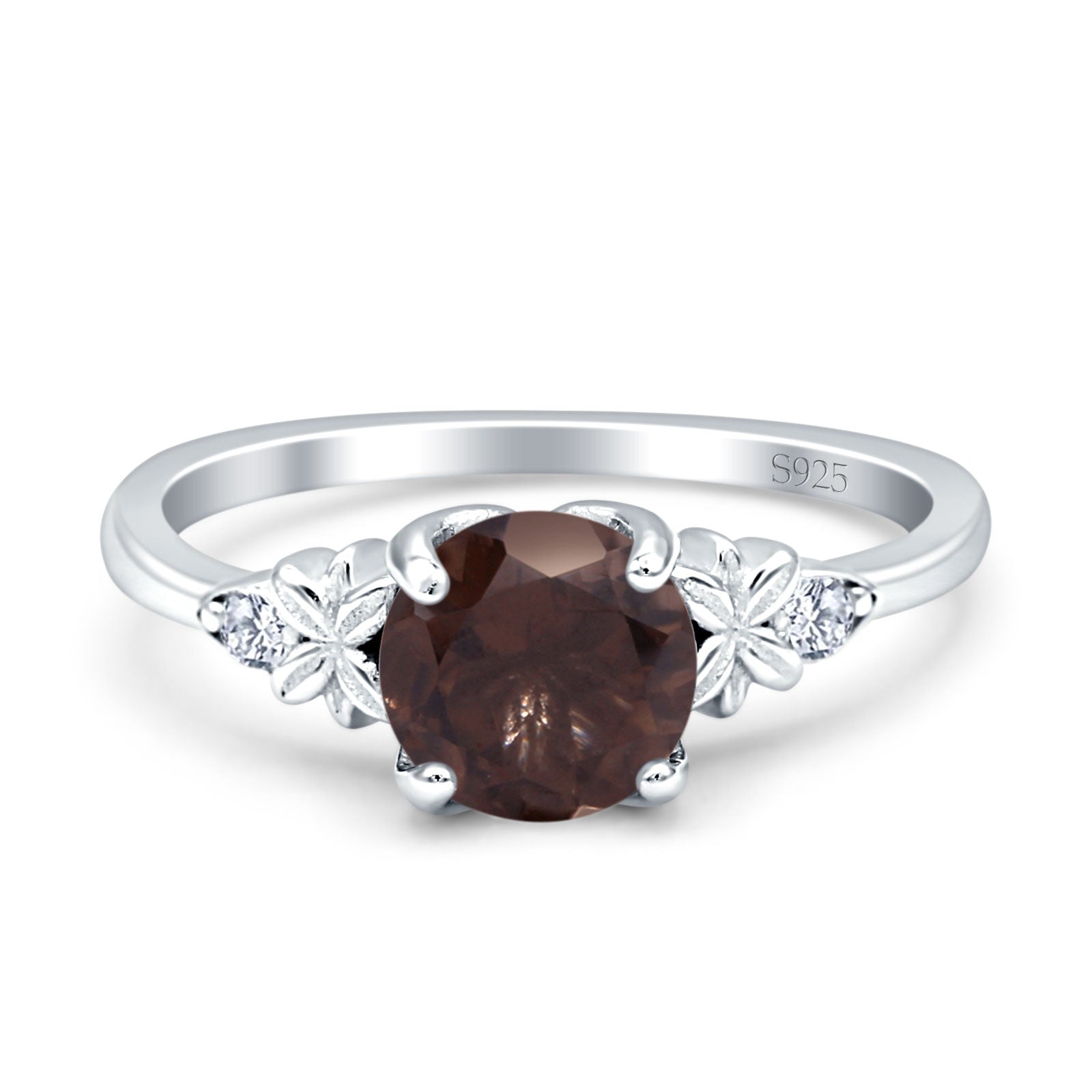 Natural Chocolate Smoky Quartz Size-10 Art Deco Round Flower Ring Leaf ...