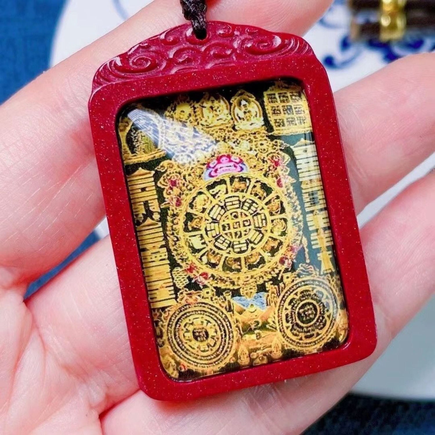 Natural Cinnabar Pendant Yellow God of Wealth Design Male Thangka ...