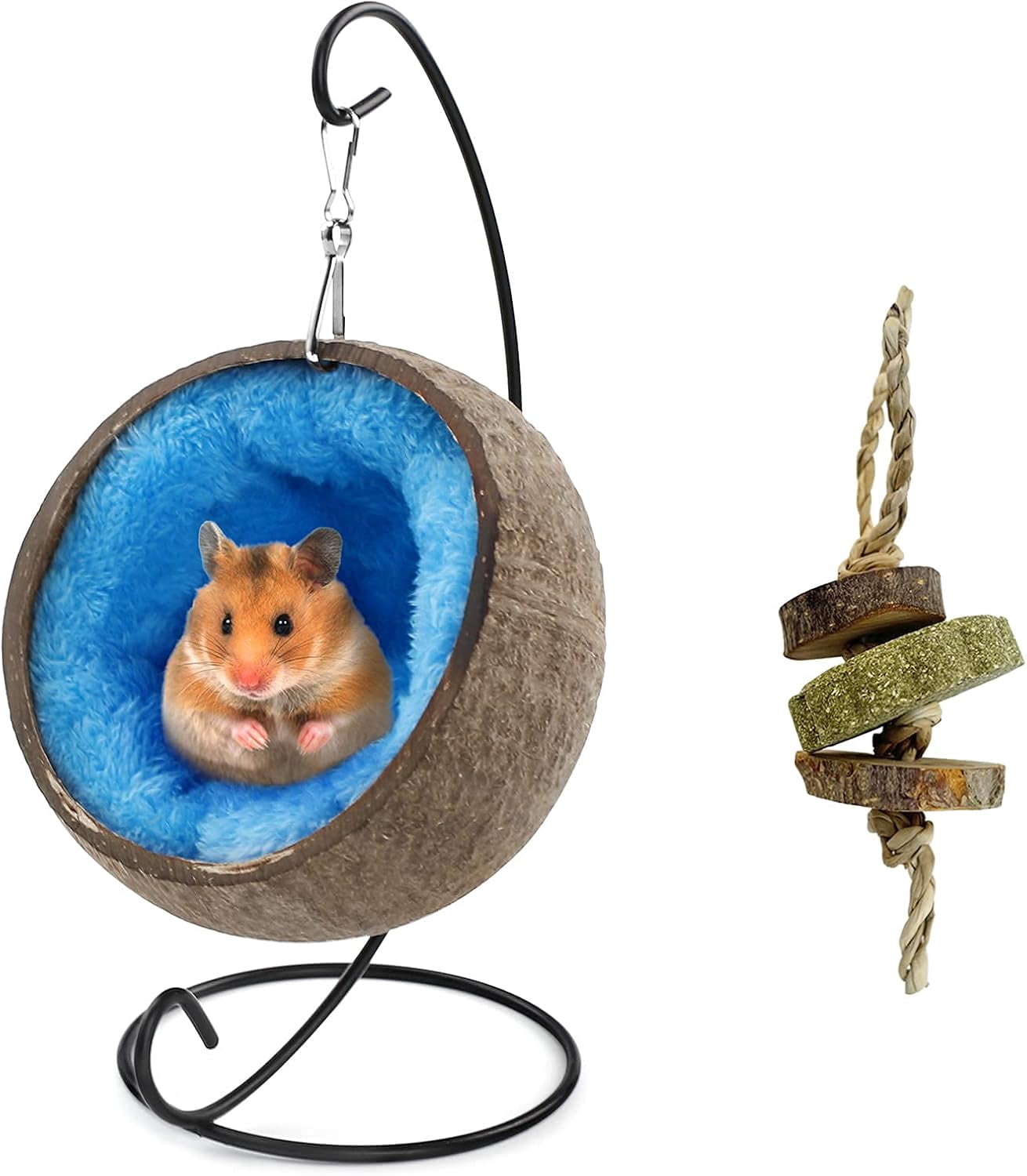 Natural Coconut Hamster Hideout Hammock with Molar Toy Suspension ...
