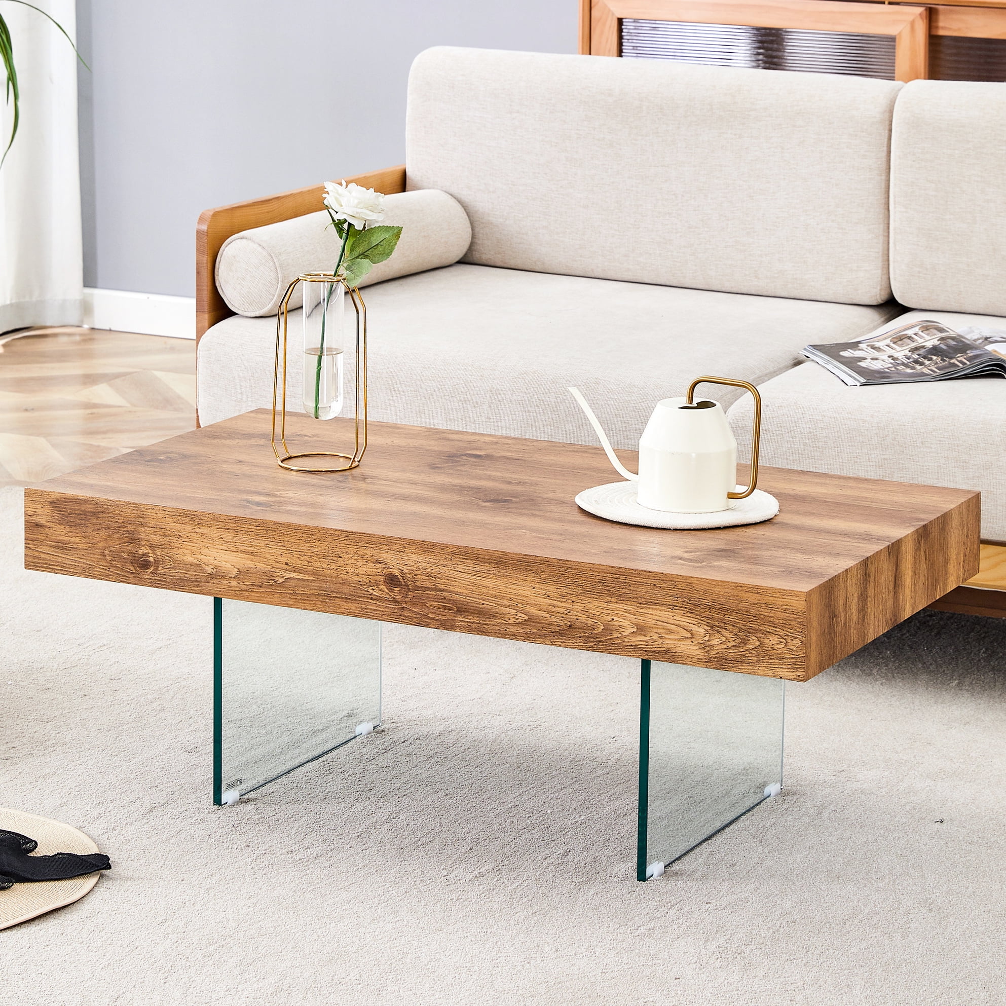 Natural Coffee Table, 39.3x21.6, With Slip Tempered Glass Legs ...
