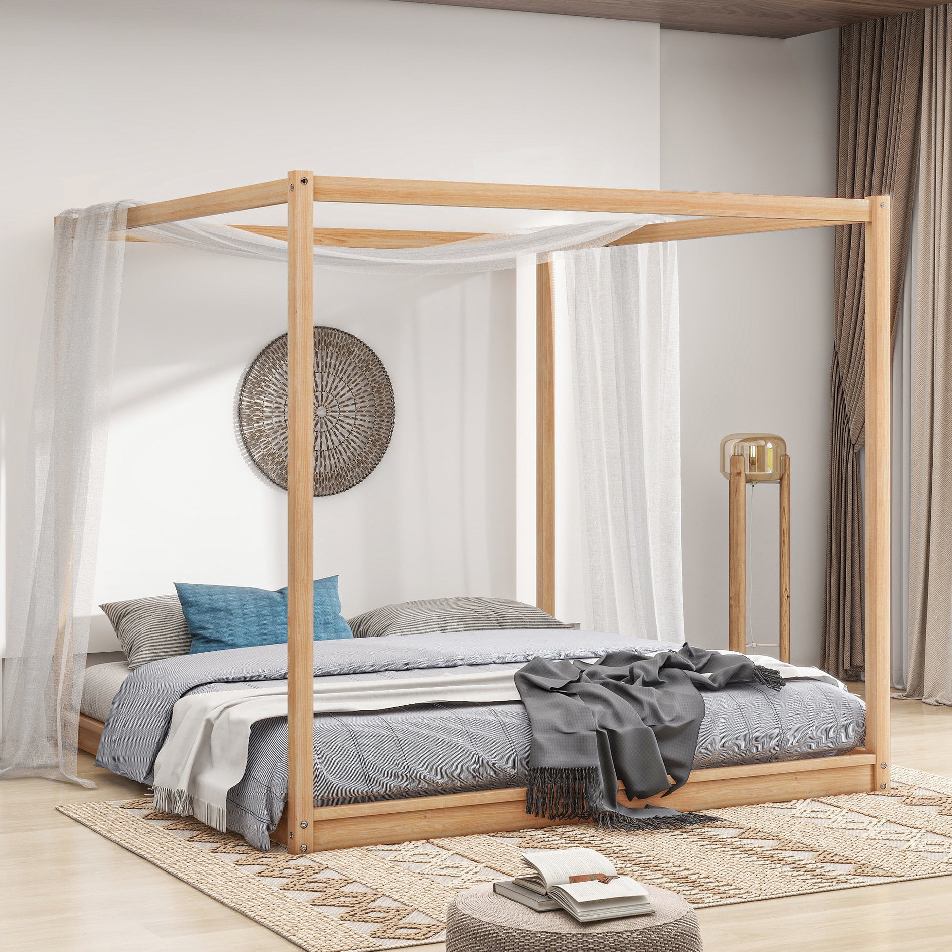 Natural Color King Size Canopy Bed - Build With Support Legs Platform ...