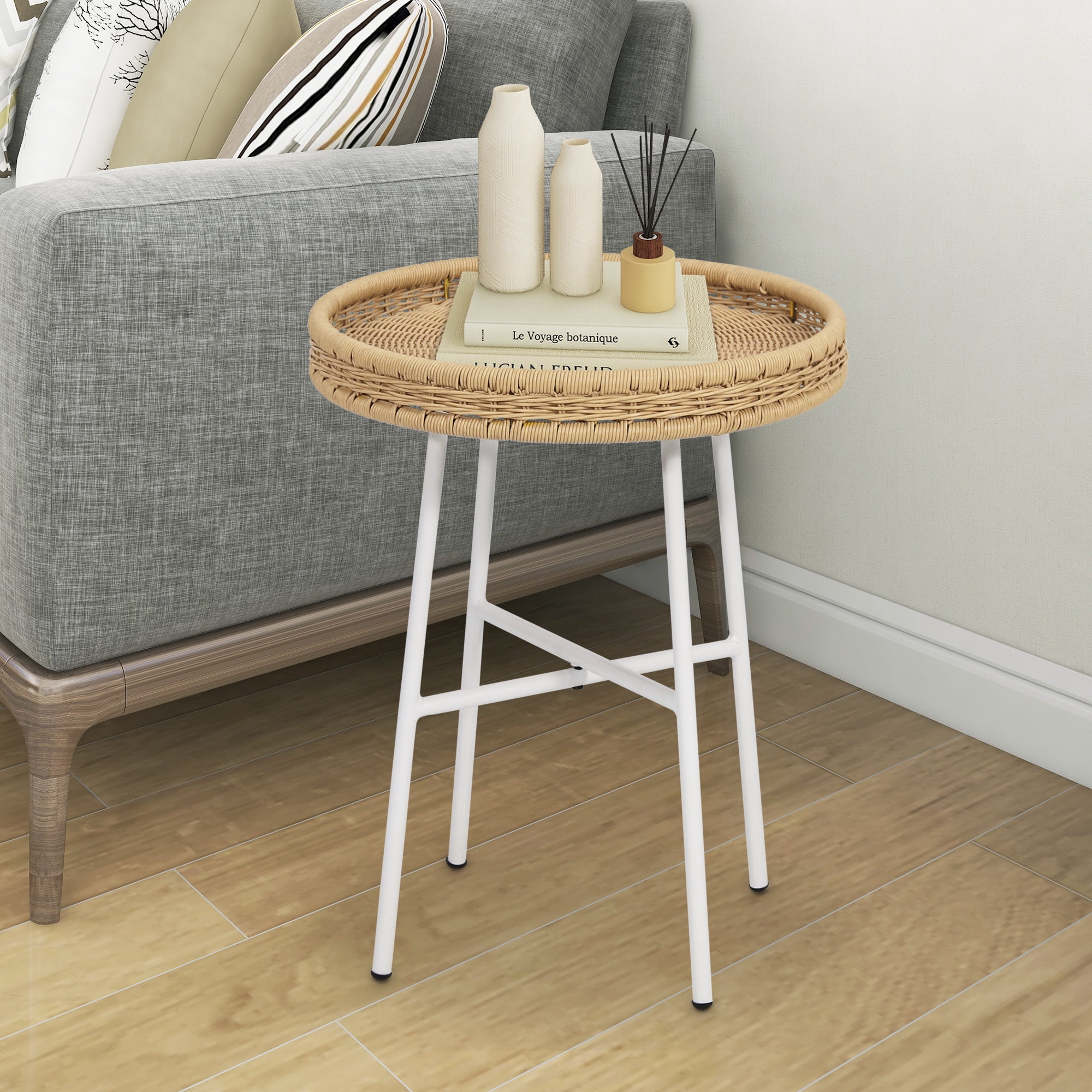 ABBLE Outdoor & Indoor Use Natural Color Wicker Round End Table with ...