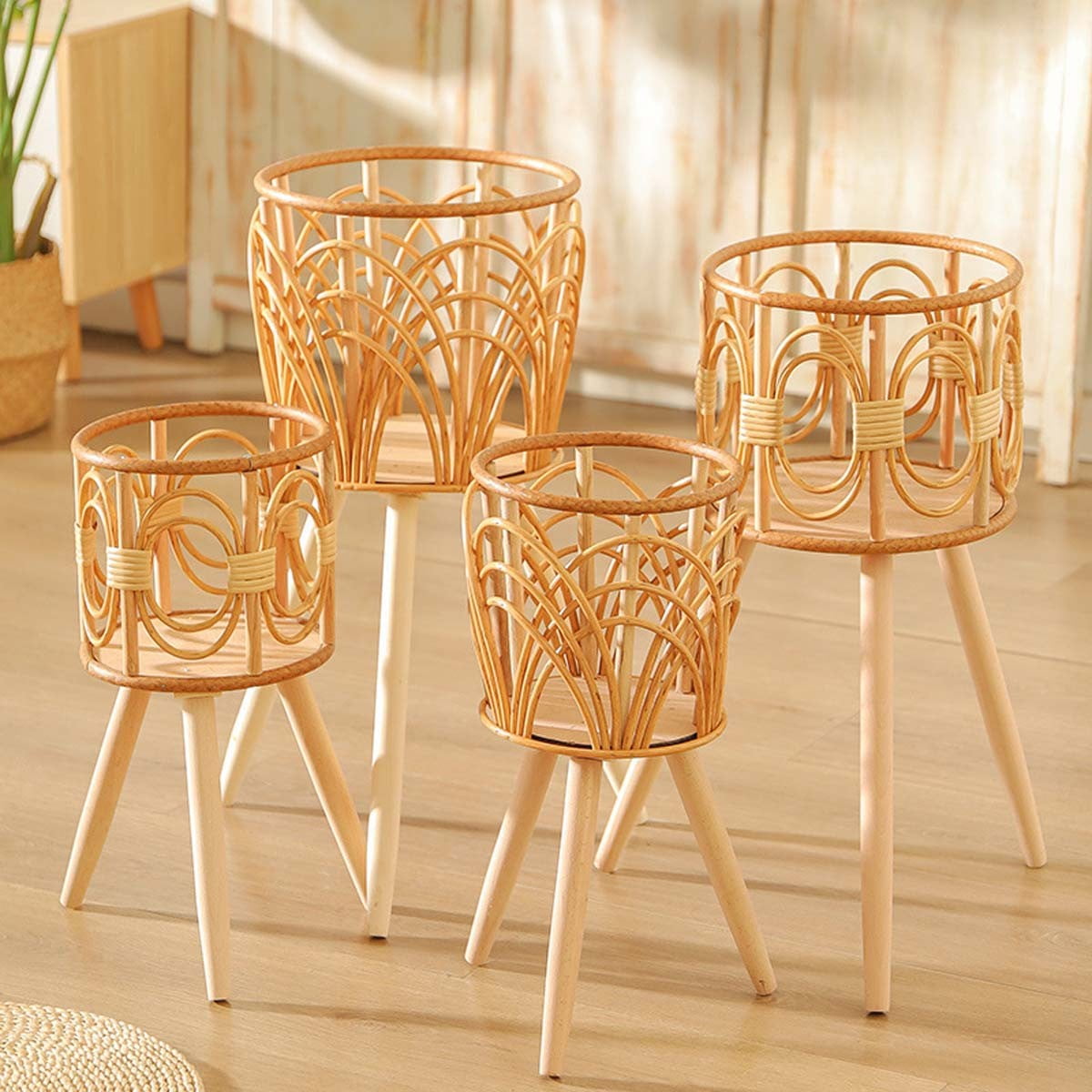 Natural Color Woven Planter Baskets with 3 Wooden Legs, Multipurpose ...