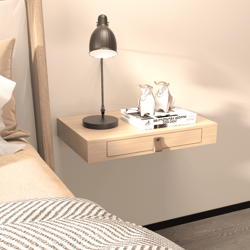 Natural Colour Floating Nightstand with Hidden Drawer - 16" Wall ...