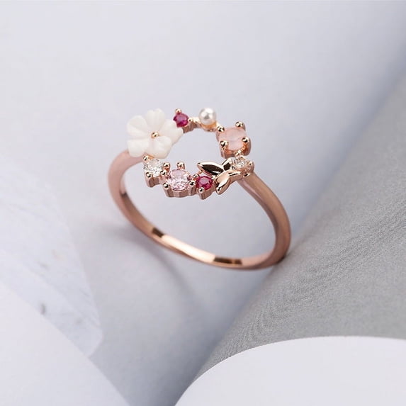 Natural Copper Butterfly Flower Ring, Rose Gold Plated with Artificial ...
