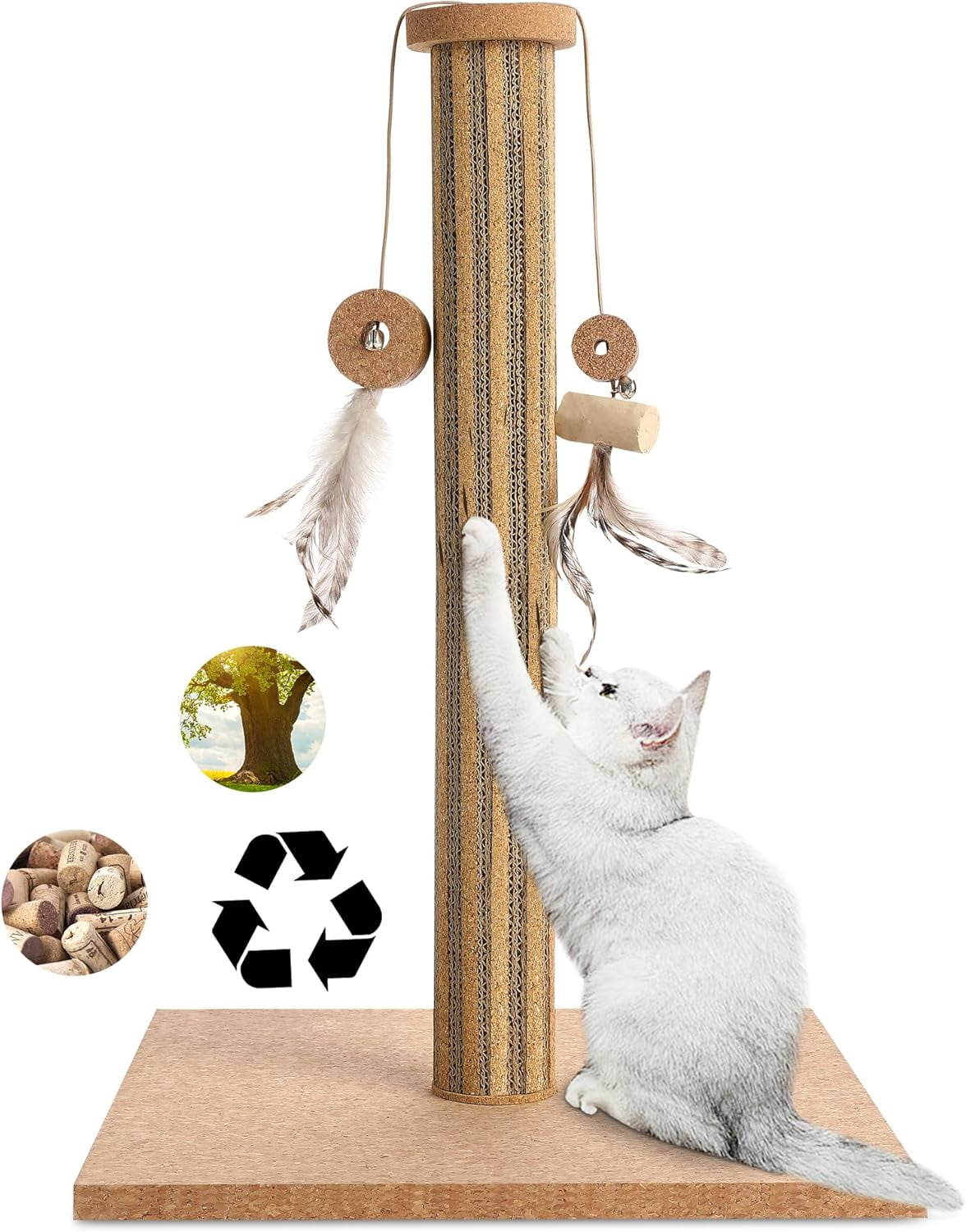 Natural Cork Cat Scratching Post with Feather Toy, 14.2 inch Stable ...