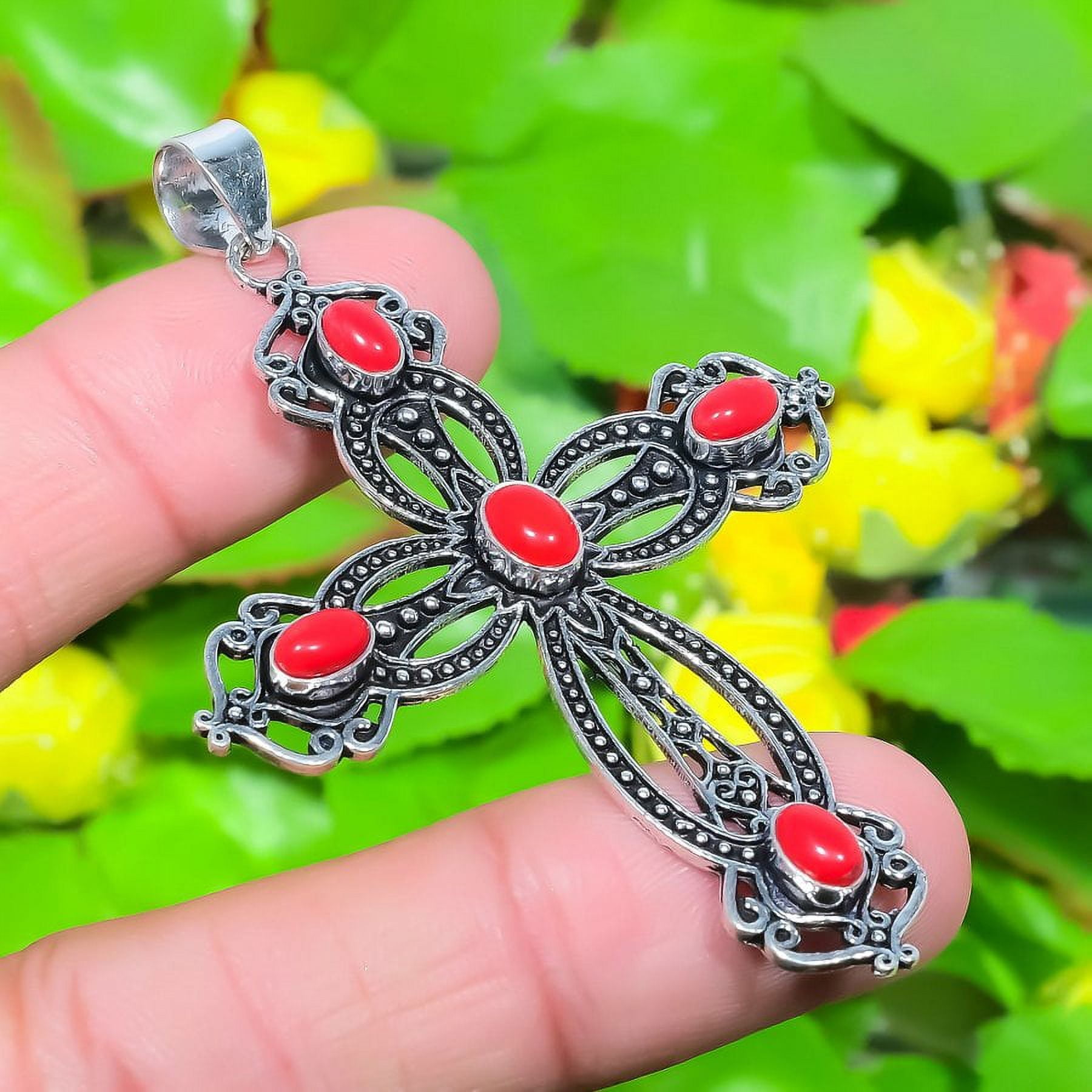 Natural Cross- Italian Red Coral Gemstone 925 Sterling Silver Pendant 2 ...