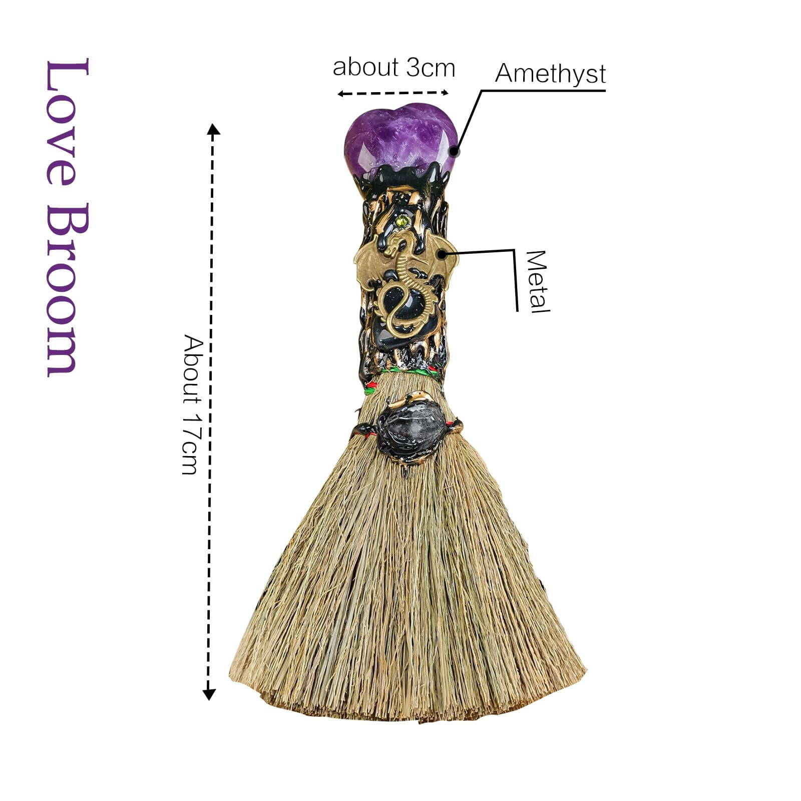 Natural Crystal Heart Shape Magic Broom Crystal Amethyst Witch Broom ...