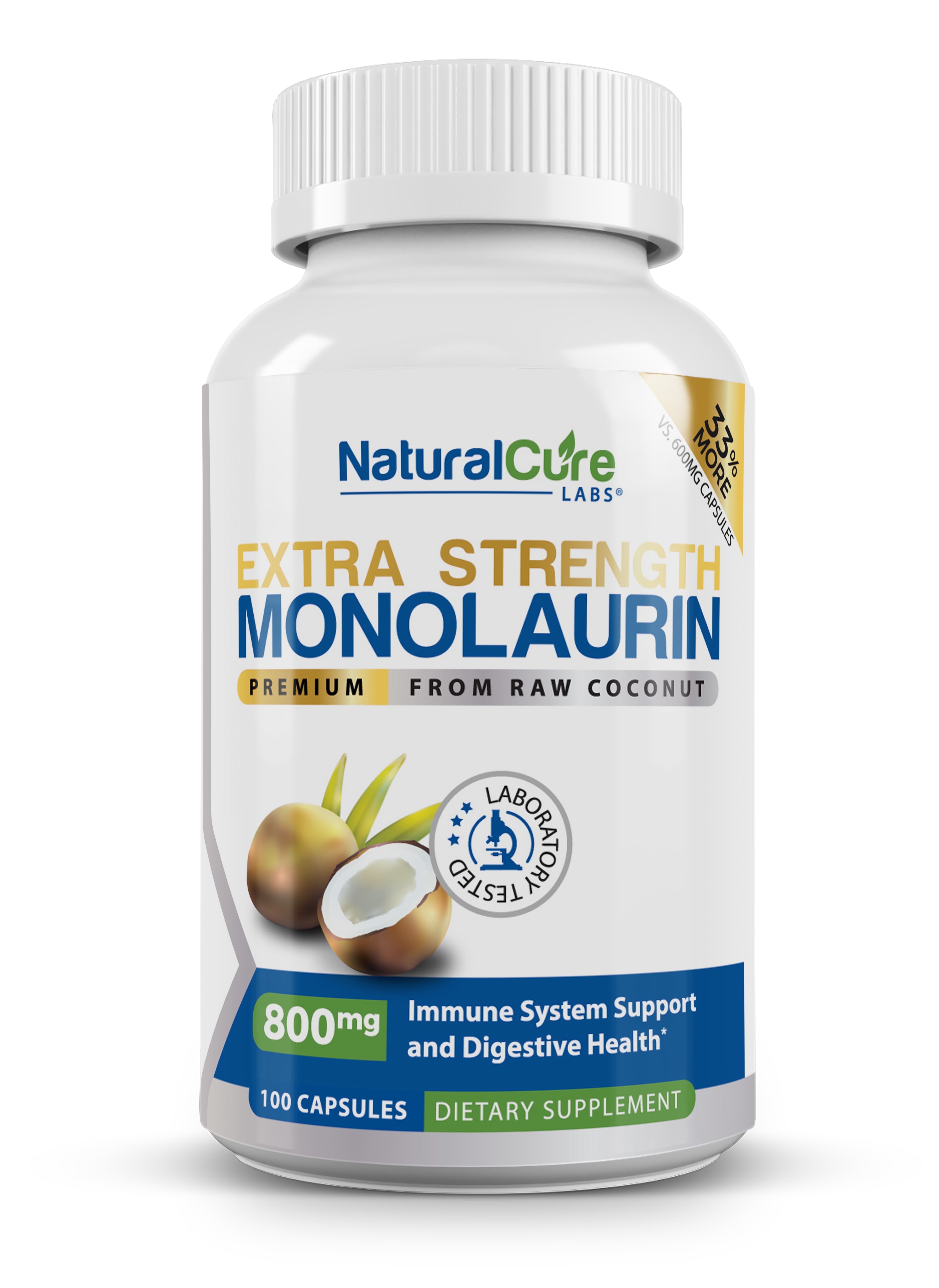 Natural Cure Labs Extra Strength Monolaurin 800mg, 100 Vegan Capsules ...