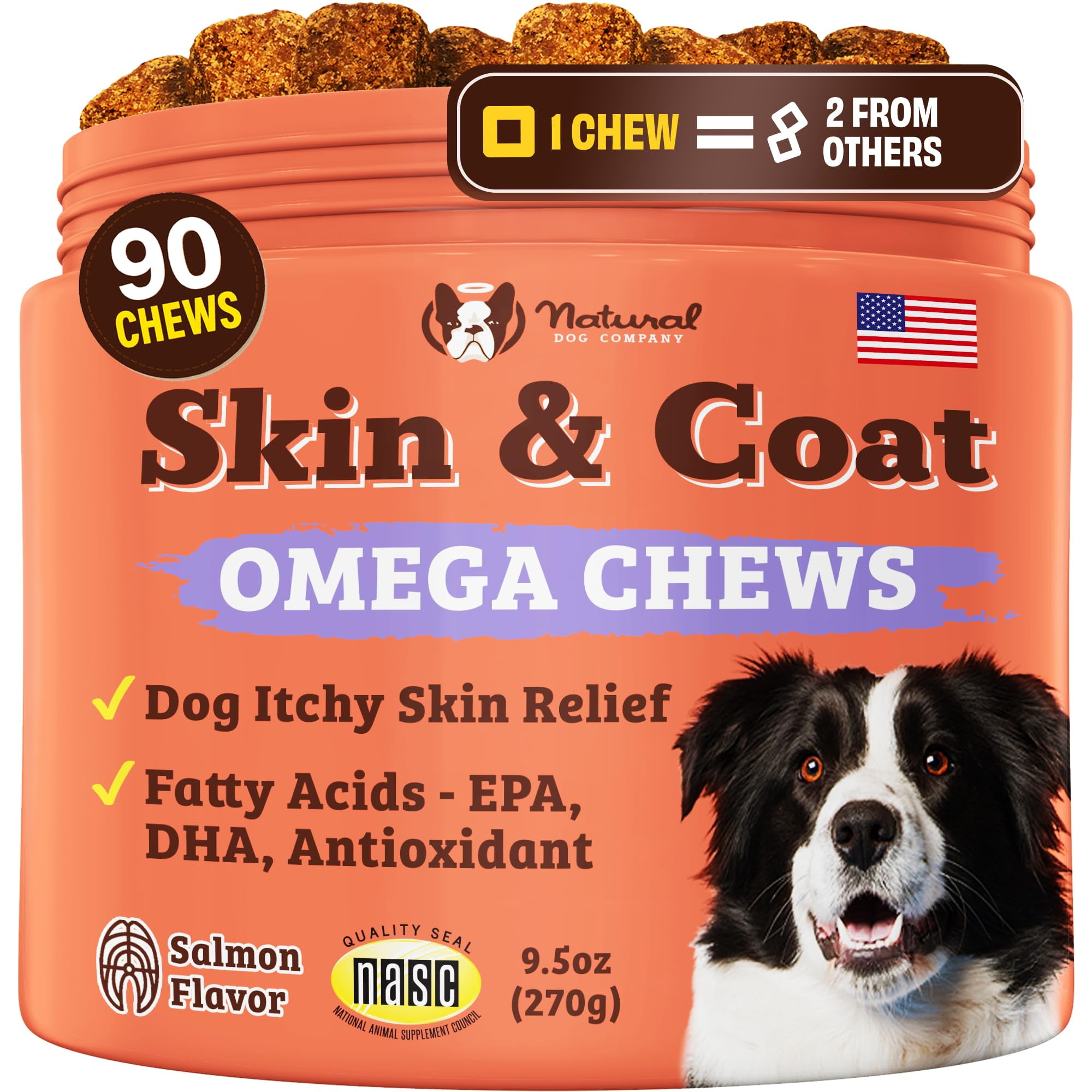 Natural Dog- Company Skin & Coat Supplement for Dog-s Omega-3 Rich Salmon Oil Chews for Itchy ...