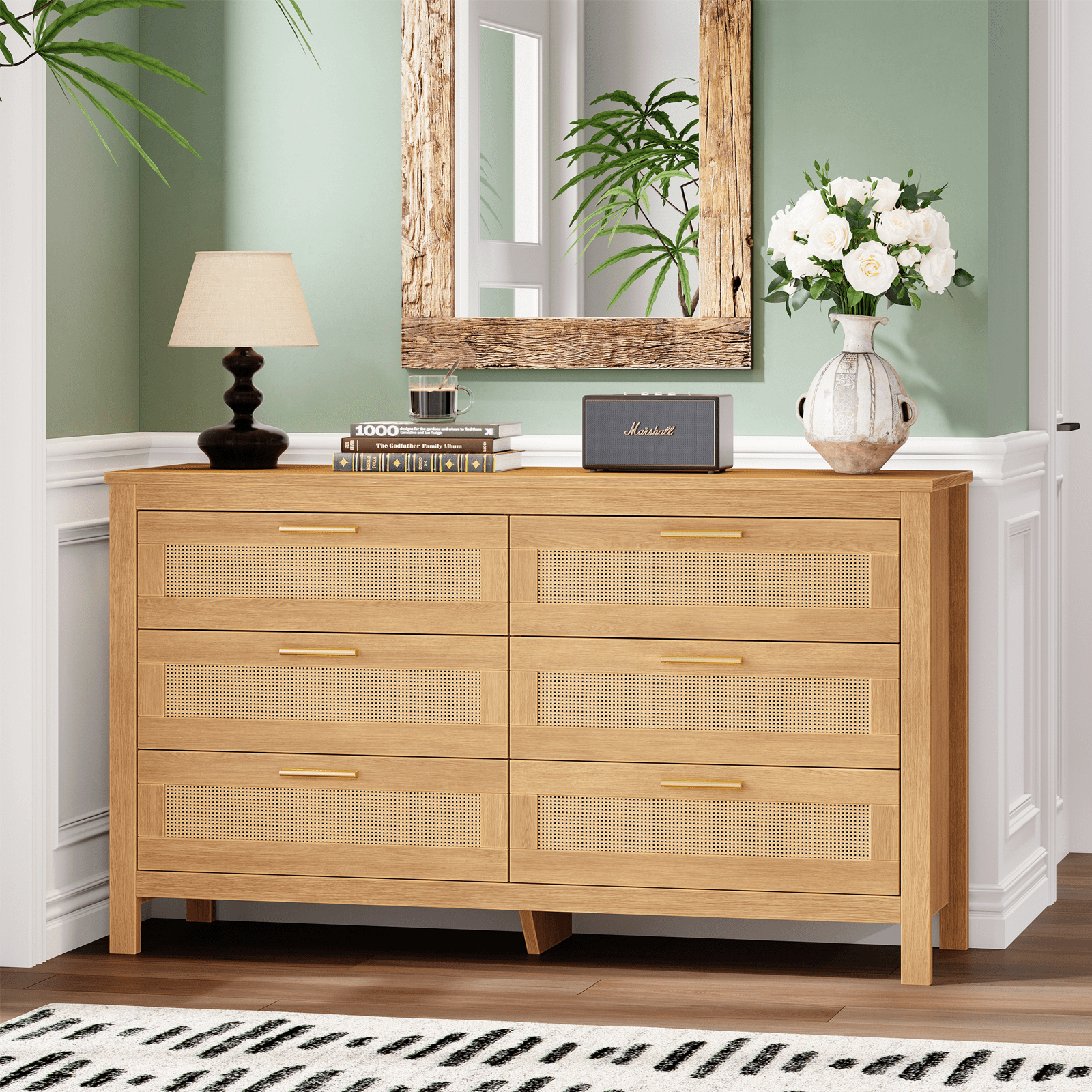 Natural Dresser with 6 Rattan Decorated Drawers, Boho Style Chest of ...