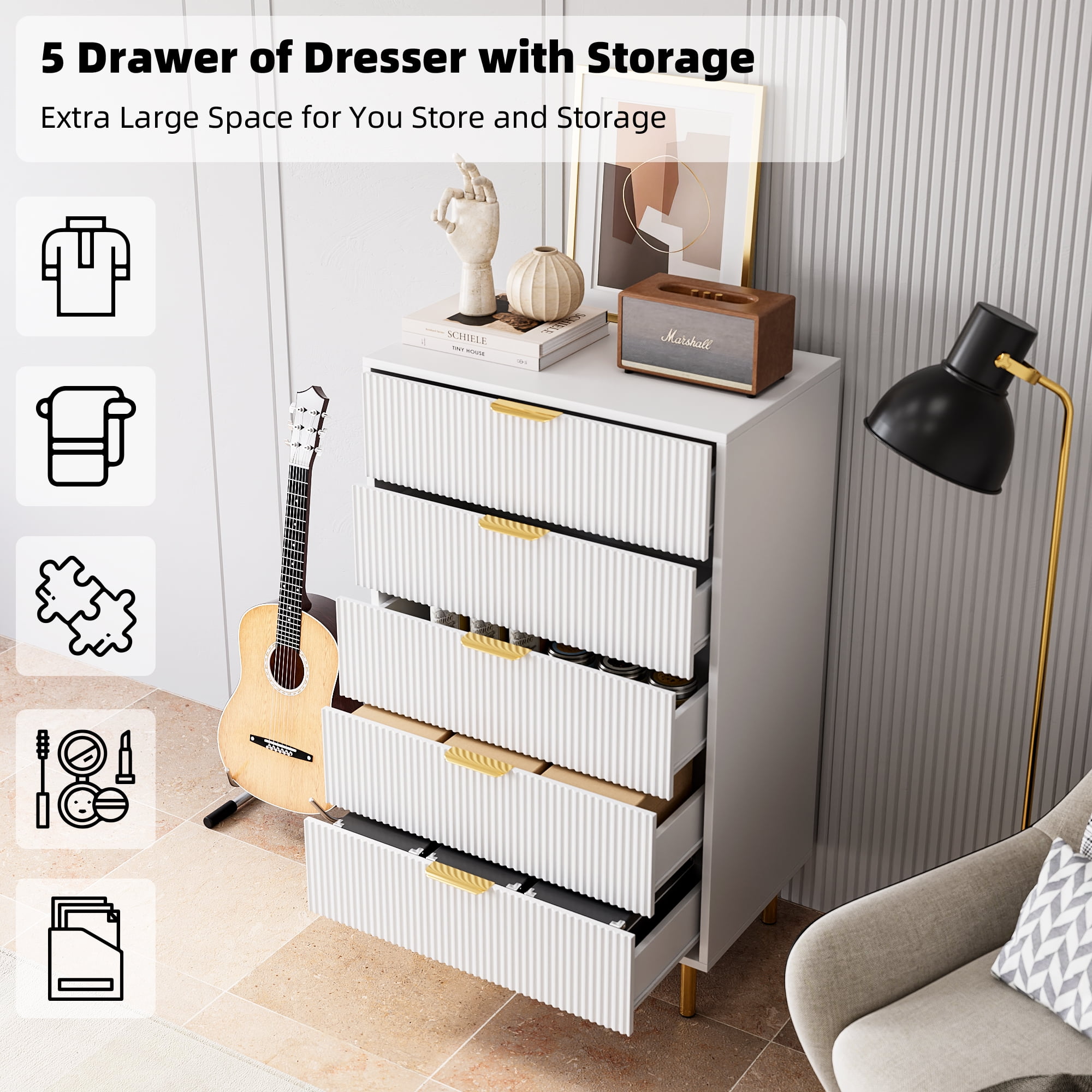 Natural Dresser, Modern 5 Drawer Dresser for Bedroom with Gold Handle ...