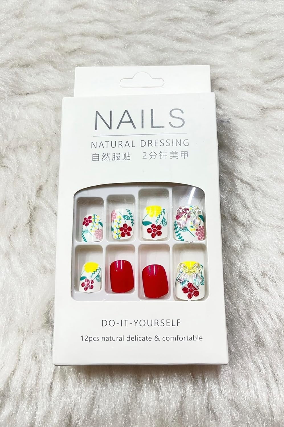 Natural Dressing PressOn Nails 12 Pieces Floral Design with Red and ...