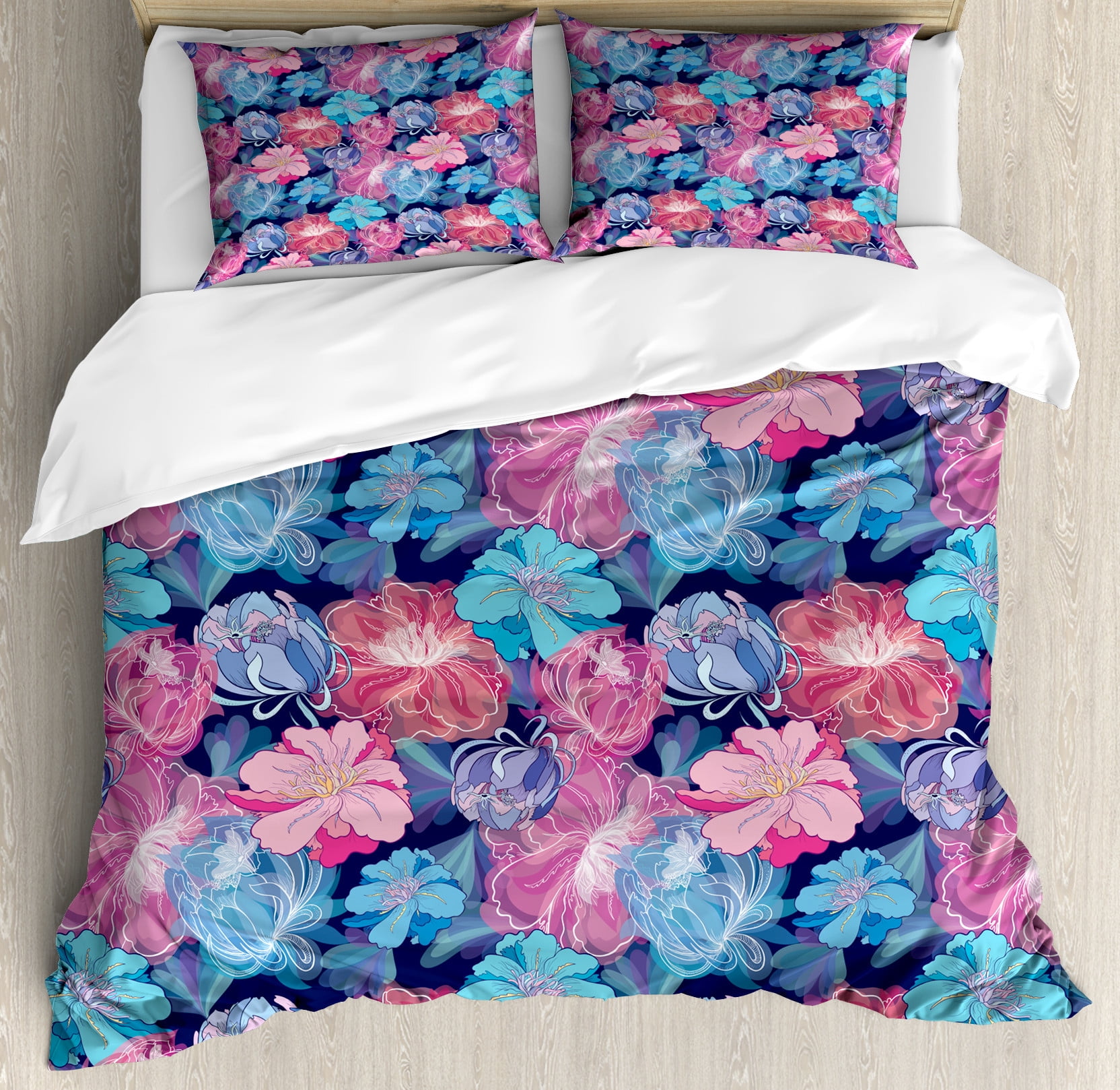 Natural Duvet Cover Set, Colorful Floral Motifs Flower Illustration ...
