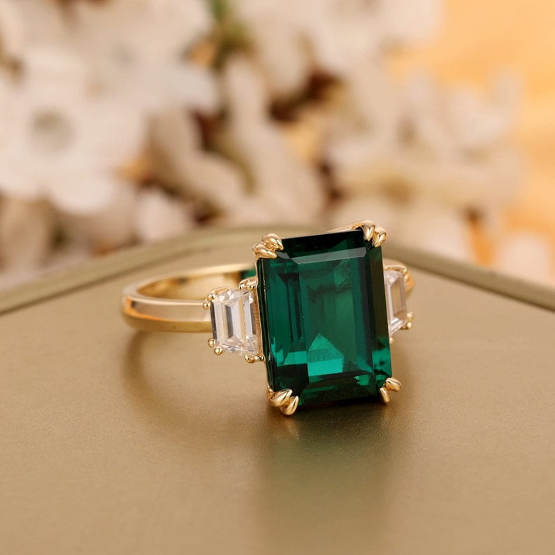Natural Emerald Engagement Ring 14K Gold Engagement Ring Cluster Ring ...