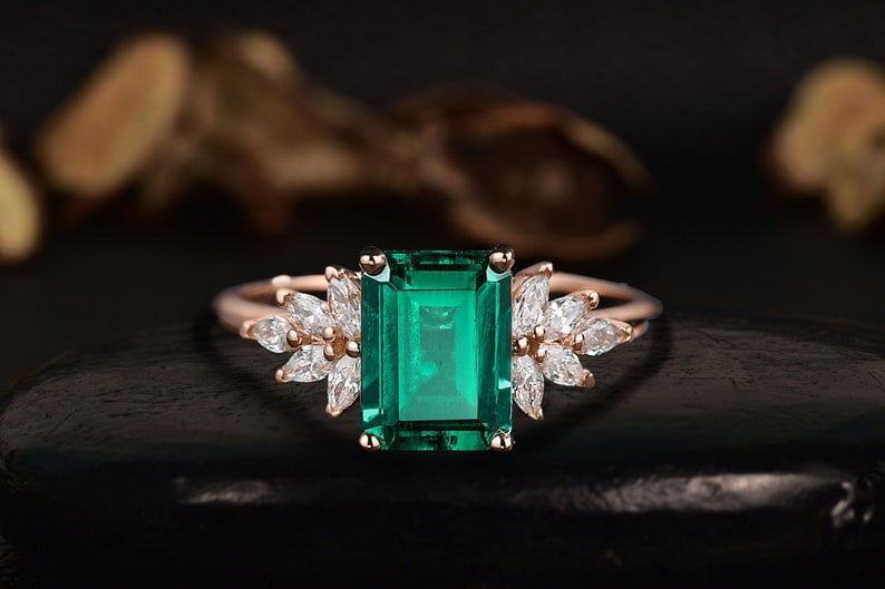 Natural Emerald Ring 14k Rose Gold Vintage Engagement Ring Emerald Cut ...