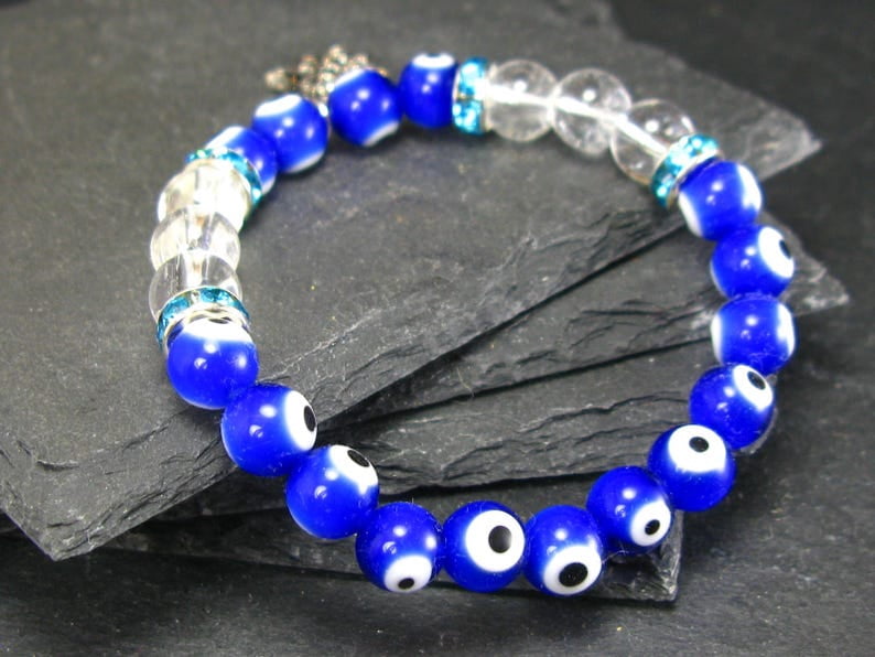Natural Evil Eye & Crystal Quartz 8mm Round Shape Smooth Cut Beads ...