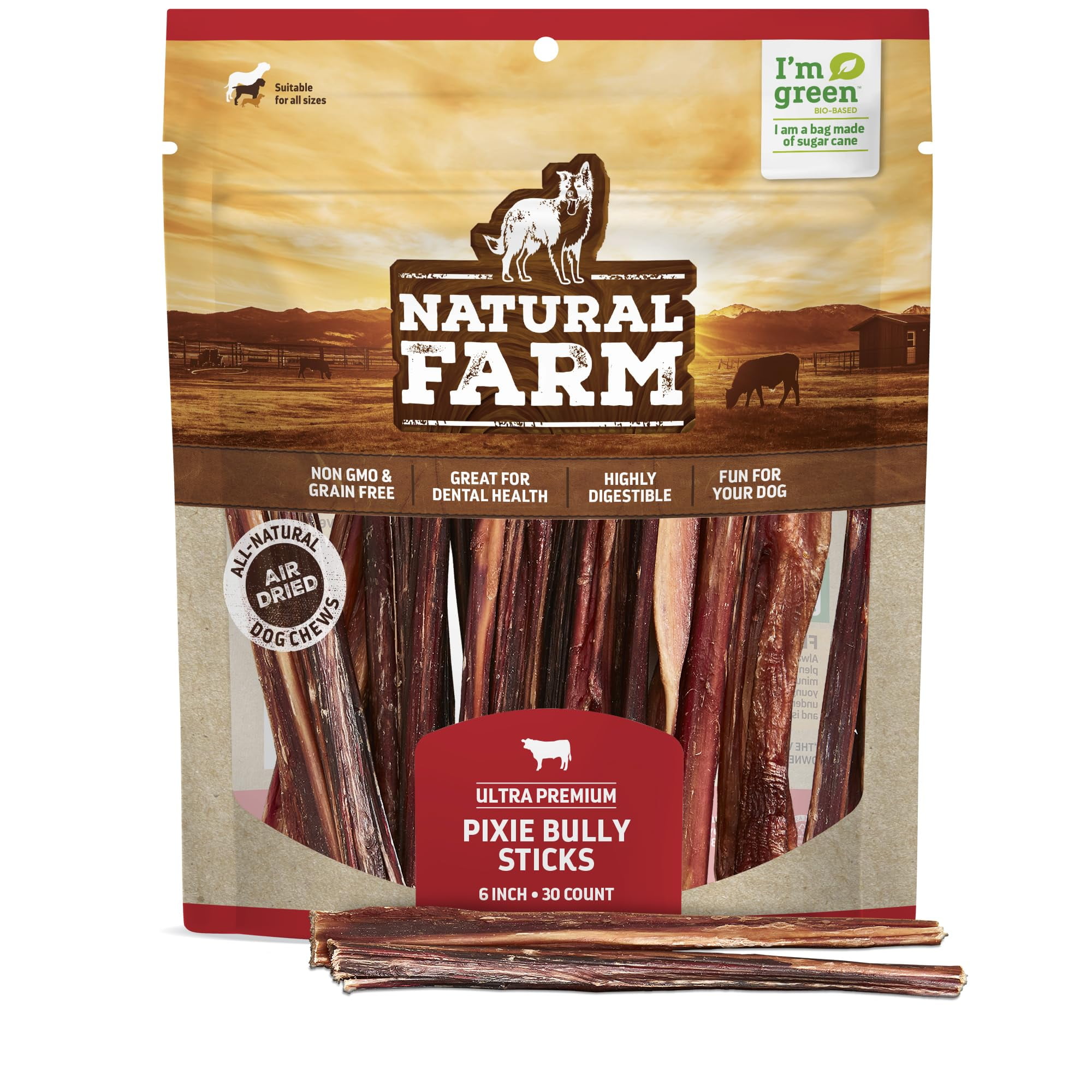 Natural Farm Bully Sticks MMF7 (6 Inch, 30 Pack), Thin Pizzle Pixie ...