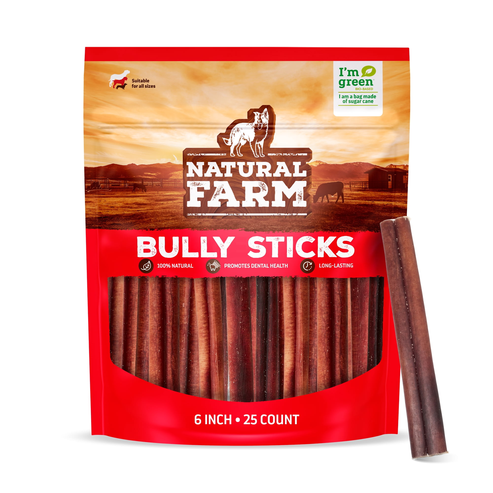 Natural Farm Odor-Free Bully Sticks, 6 Inch, 25 Pack, Grass-Fed, Fully ...