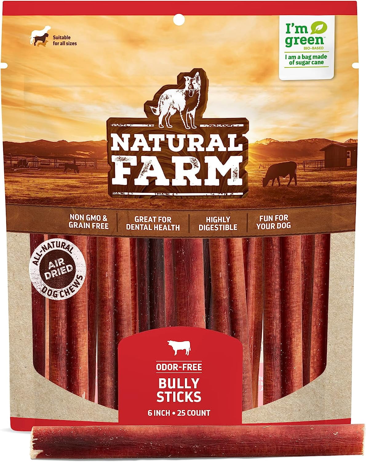 Natural Farm Odor-Free Bully Sticks (6 Inch, 25 Pack), 1.3 lb. Bag, Fully Digestible 100% Beef ...