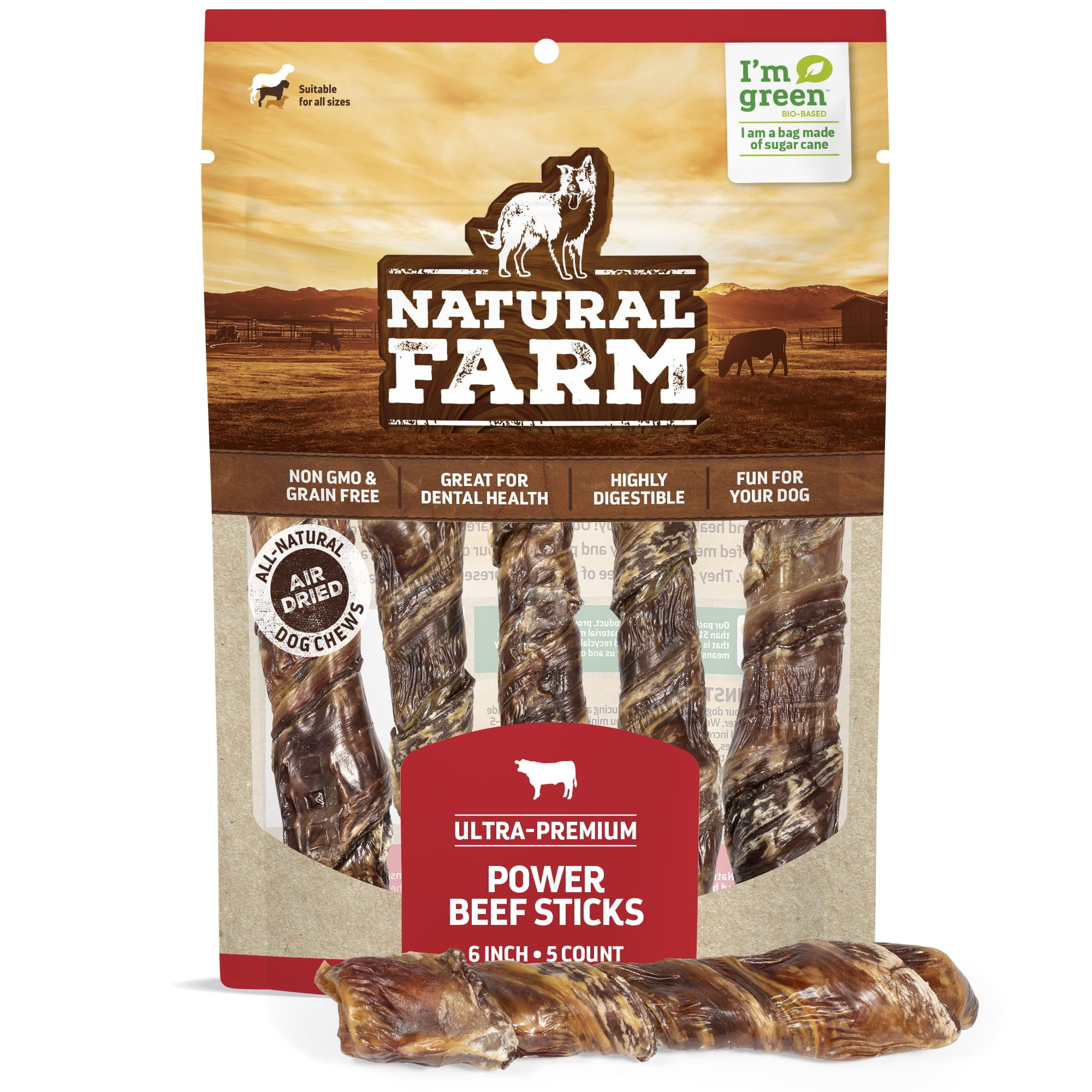 Natural Farm Power Beef STF9 Sticks Dog Chews (6”, 5-Pack), 2-in-1 ...