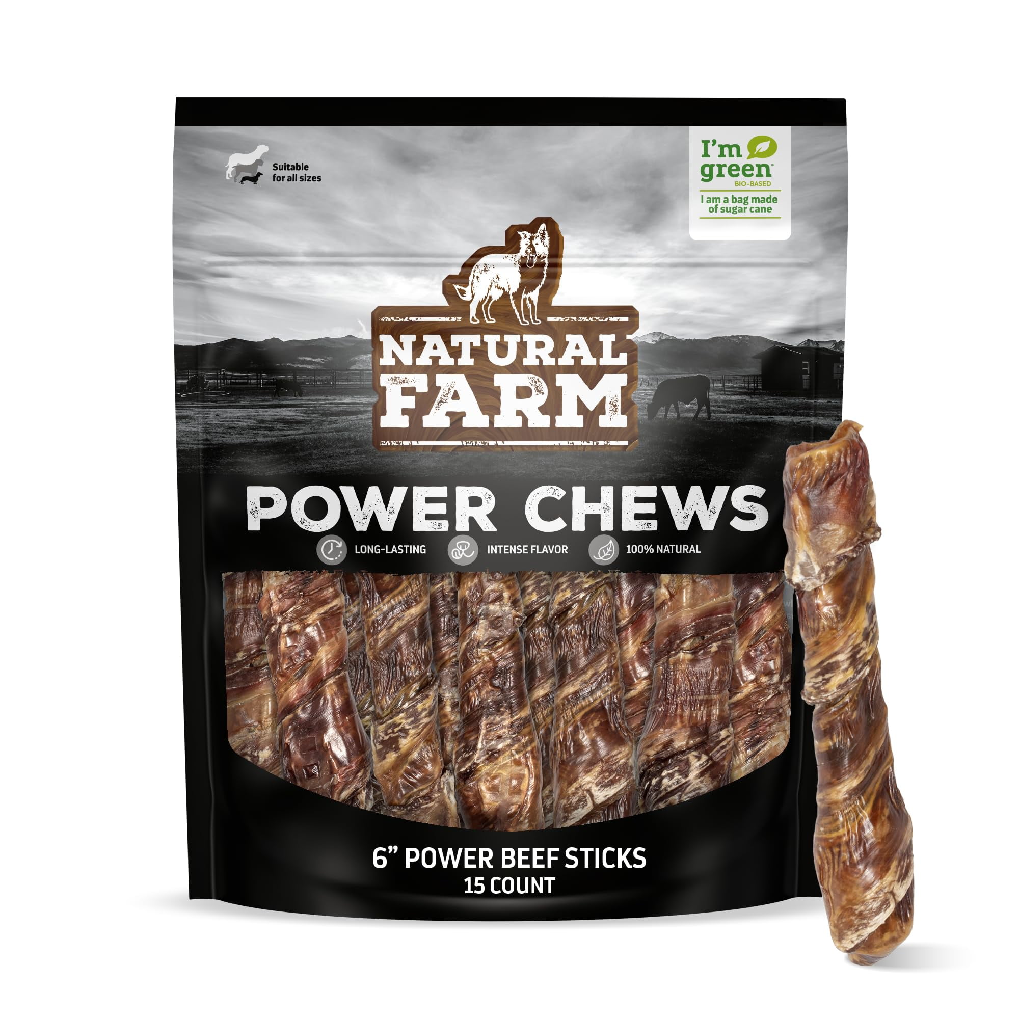 Natural Farm Power Beef Sticks Dog Chews (6”, 15-Pack), 2-in-1 Power ...