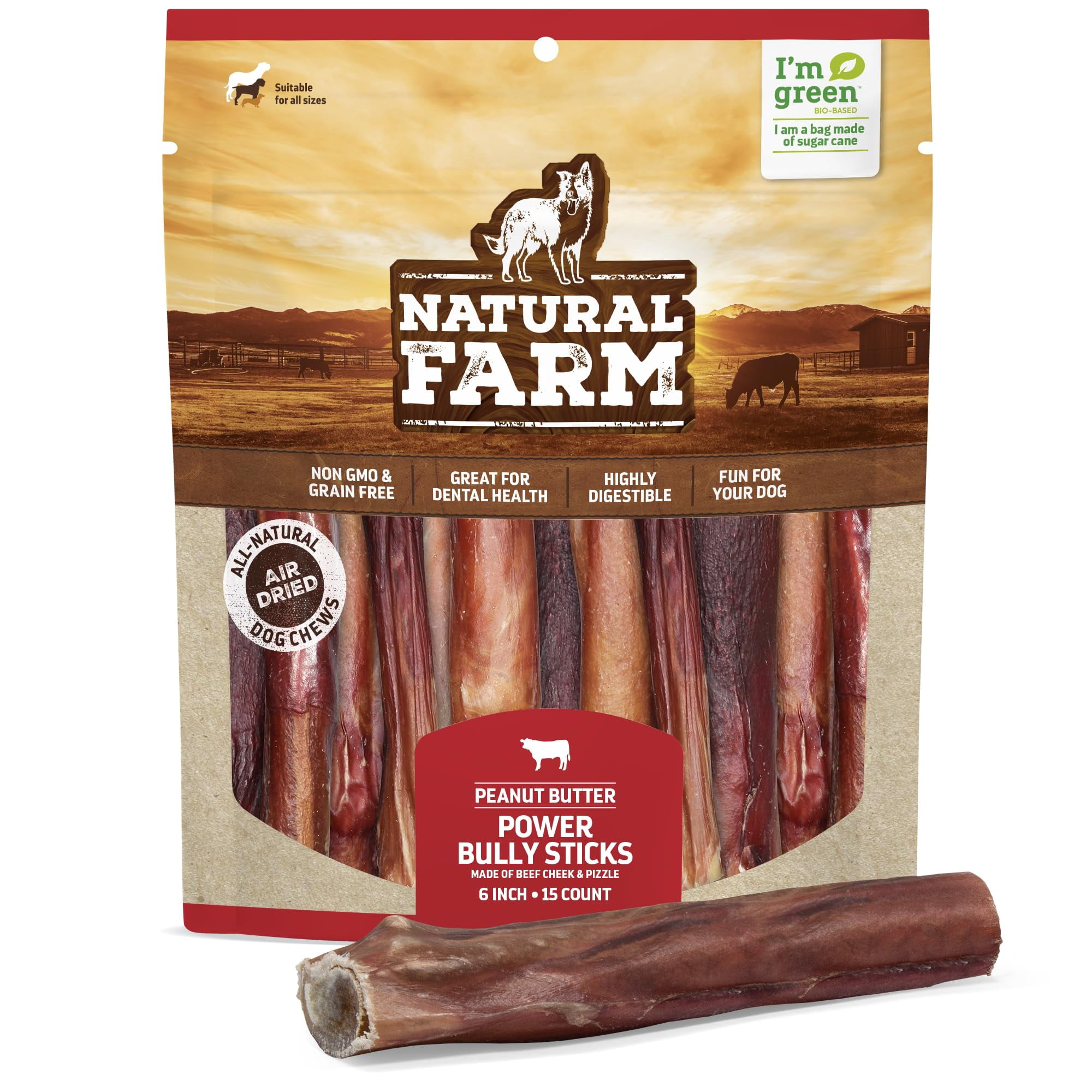 Natural Farm Power Bully DMF15 Sticks Peanut Flavor Dog Chews (6”, 15 ...