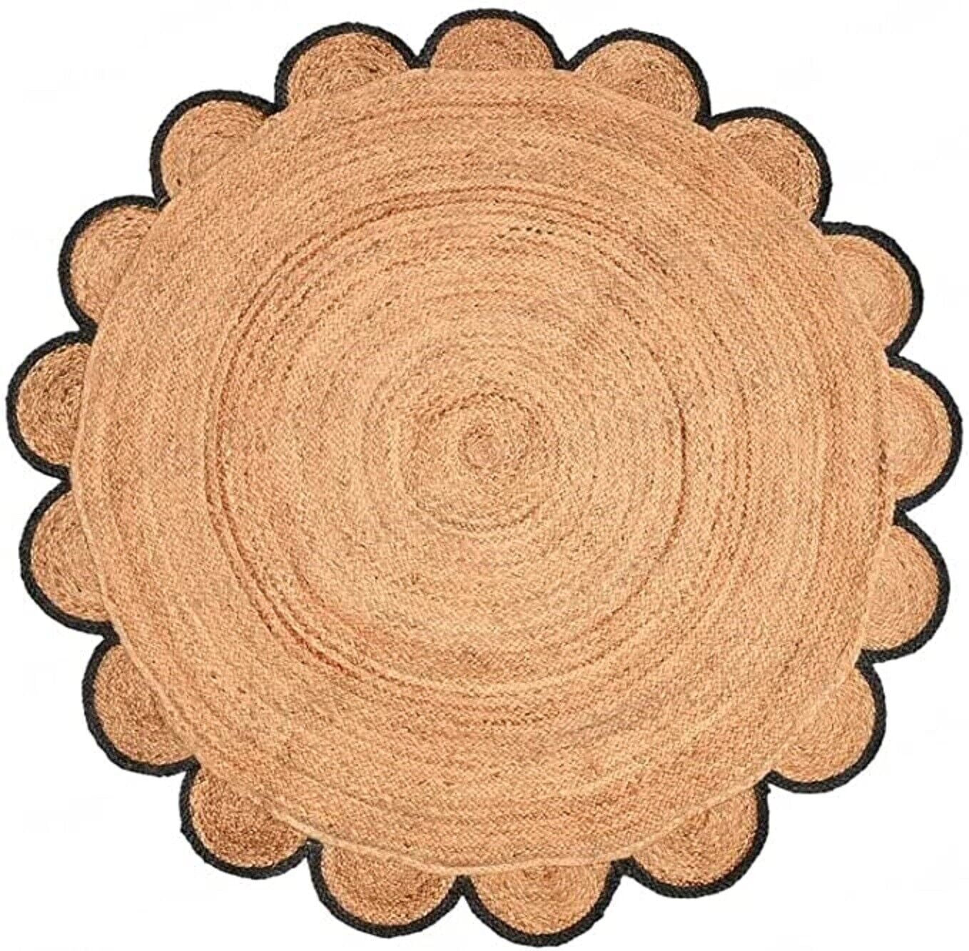 Natural Farmhouse Jute Round Rug with Black Border Design, Scalloped ...