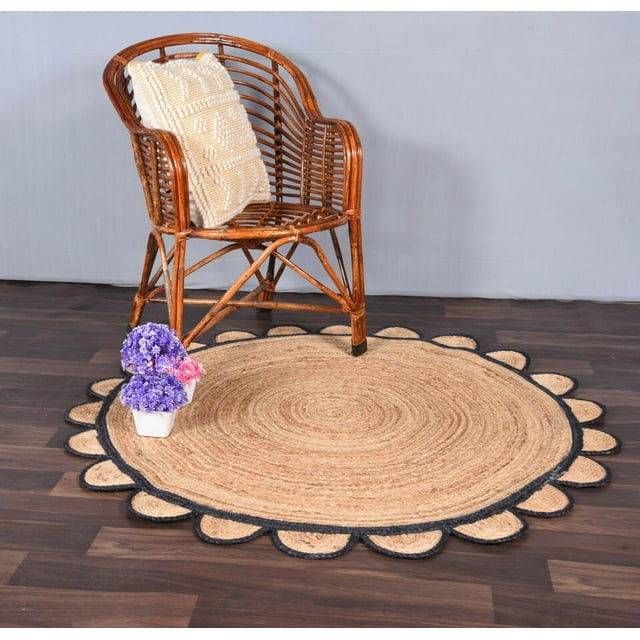 Natural Farmhouse Jute Round Rug with Black Border Design, Scalloped Round Rug Size 4 x 4 Feet ...