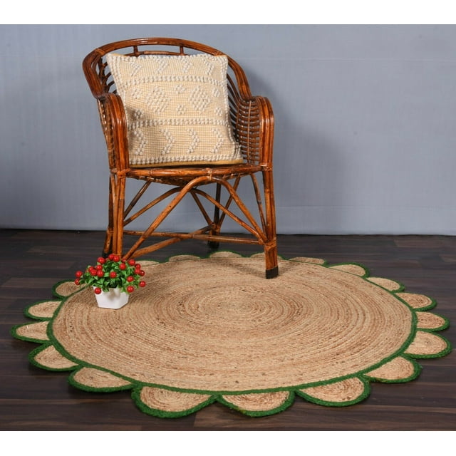 Natural Farmhouse Jute Round Rug with Green Border Design, Scalloped ...