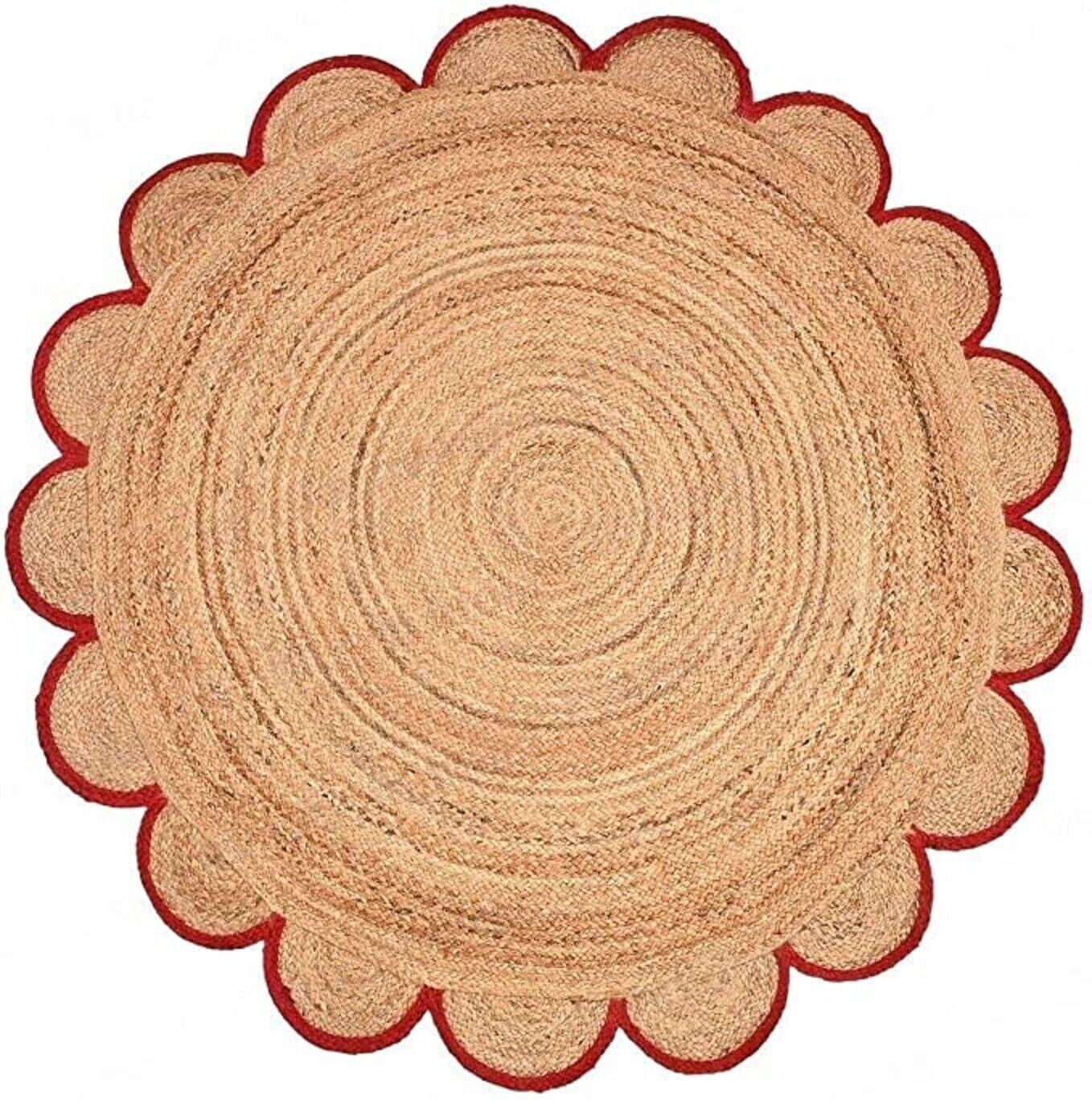 Natural Farmhouse Jute Round Rug with Red Border Design, Scalloped ...
