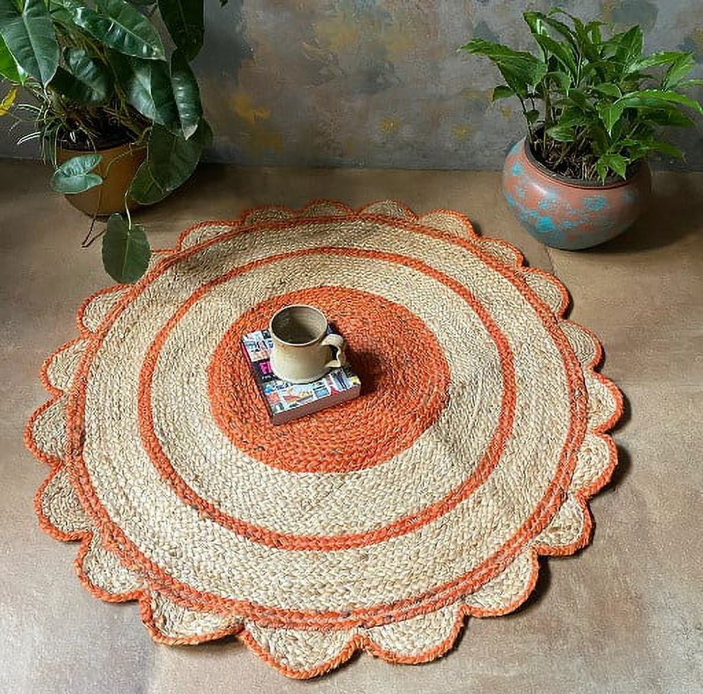 Natural Farmhouse Jute Round Rug with Red Border Design, Scalloped ...